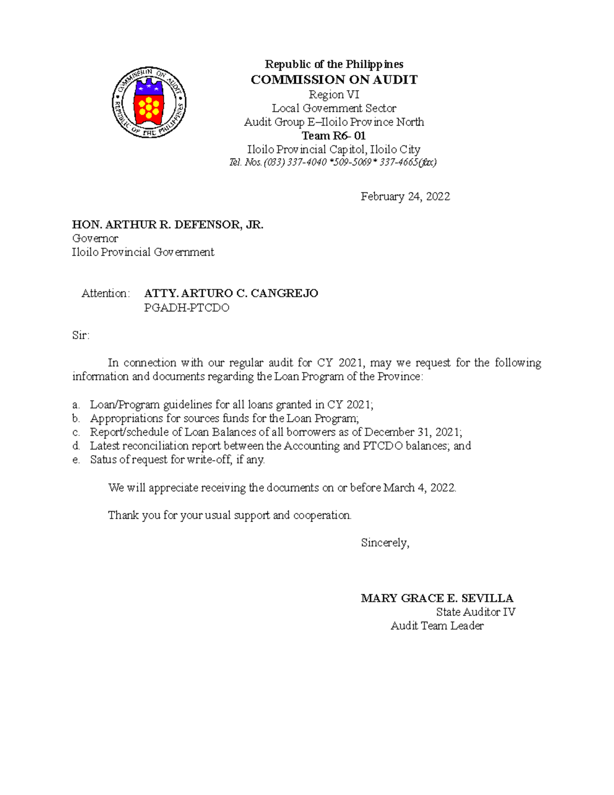 Letter request docs on loans receivalbes - February 24, 2022 HON ...