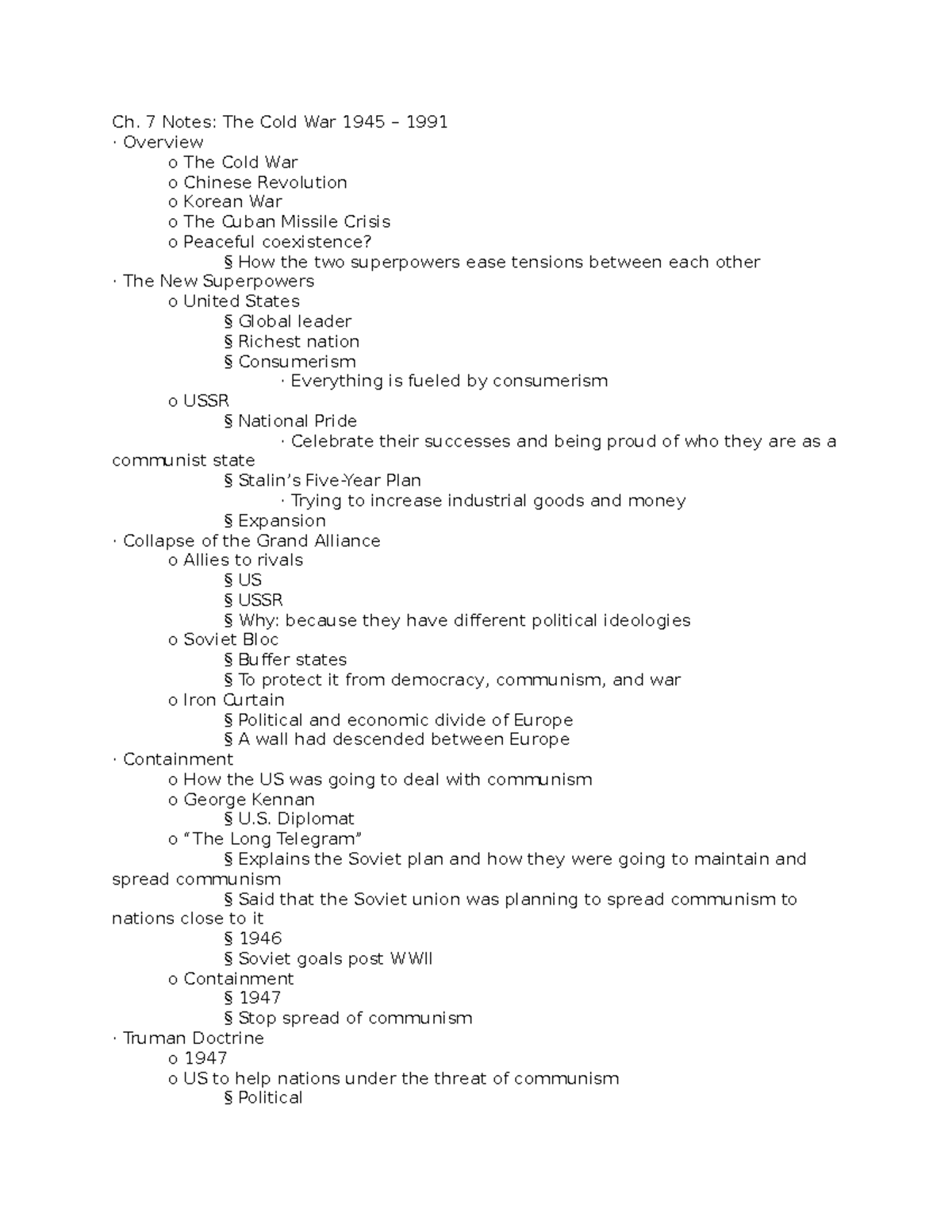HIS 150 6 - PROFESSOR RIVA - Ch. 7 Notes: The Cold War 1945 – 1991 ...