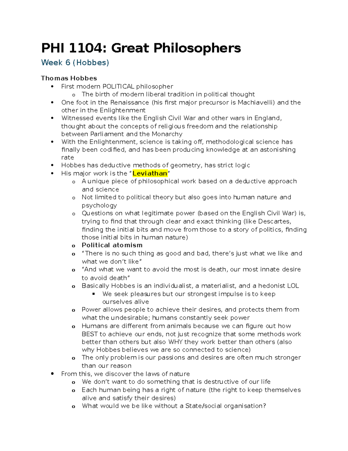 PHI 1104 notes - Hobbes and Locke - PHI 1104: Great Philosophers Week 6 ...