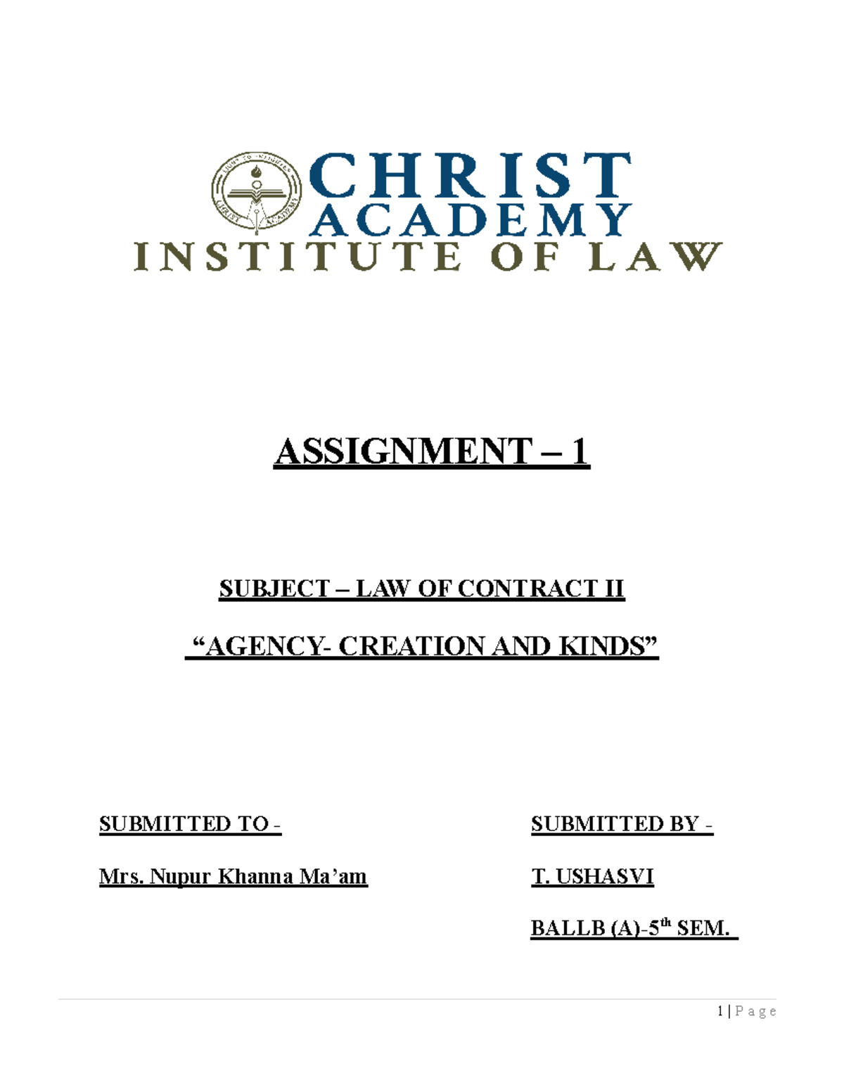 Contract 2 final intorduction to contract law 2 - ASSIGNMENT – 1 ...