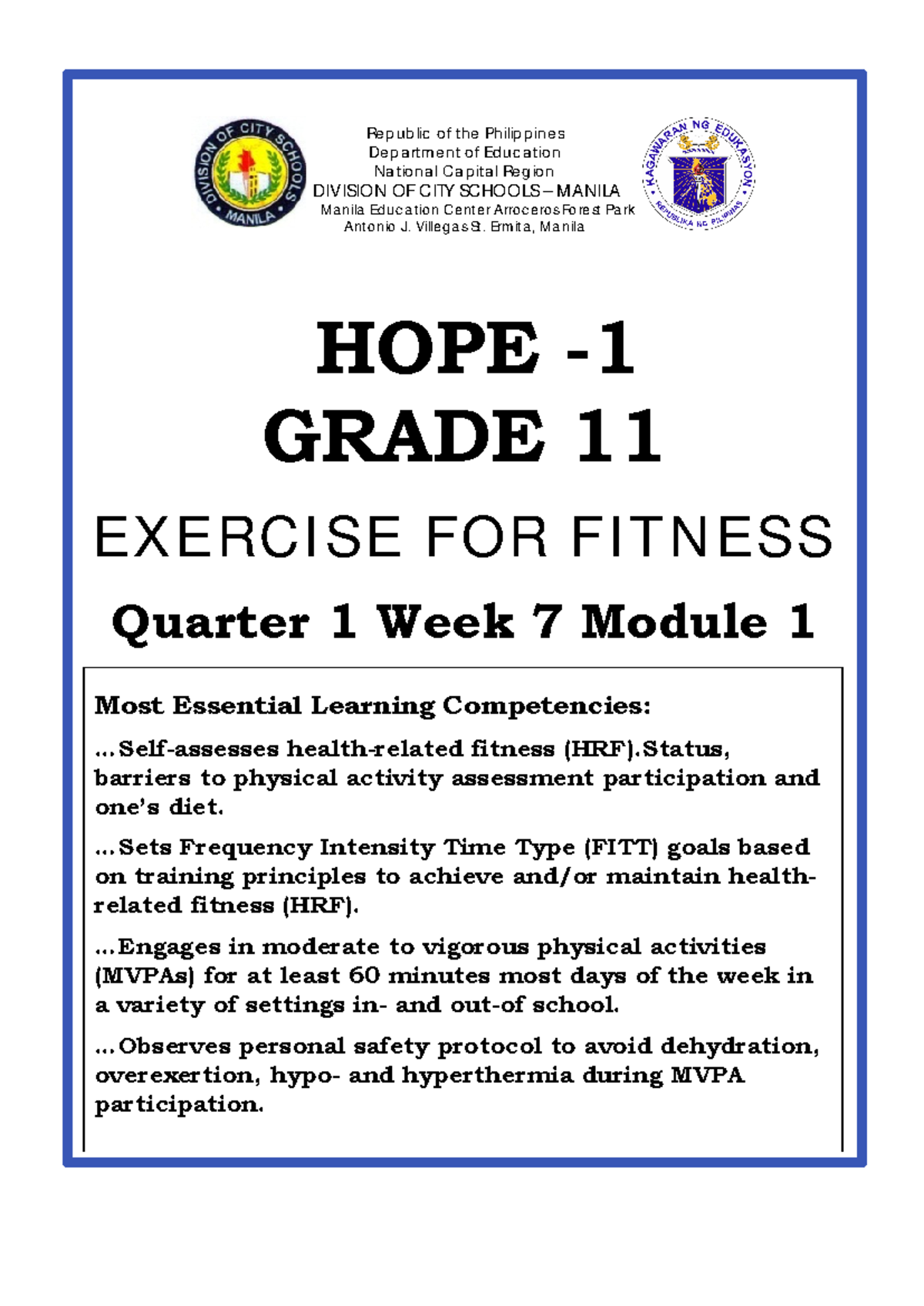P.E HOPE 1 Q1 W7 Mod7 - module - ####### Republic of the Philippines ...