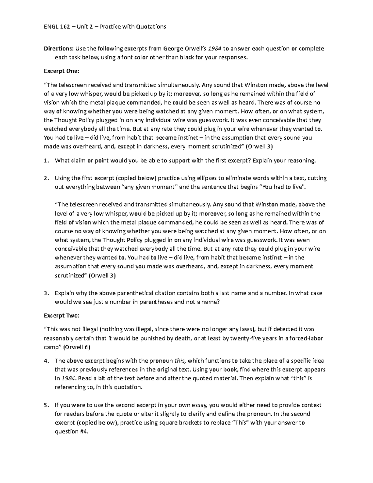 1984 Quotations Practice - ENGL 162 – Unit 2 – Practice with Quotations ...