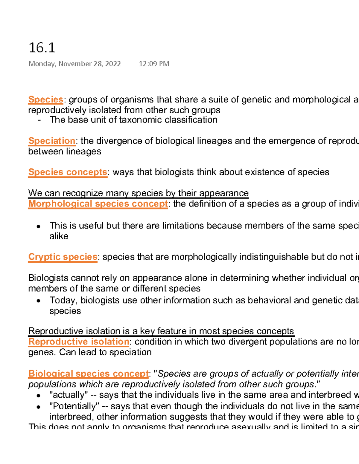 16 - Chapter 16.1 Reading notes - Species: groups of organisms that ...