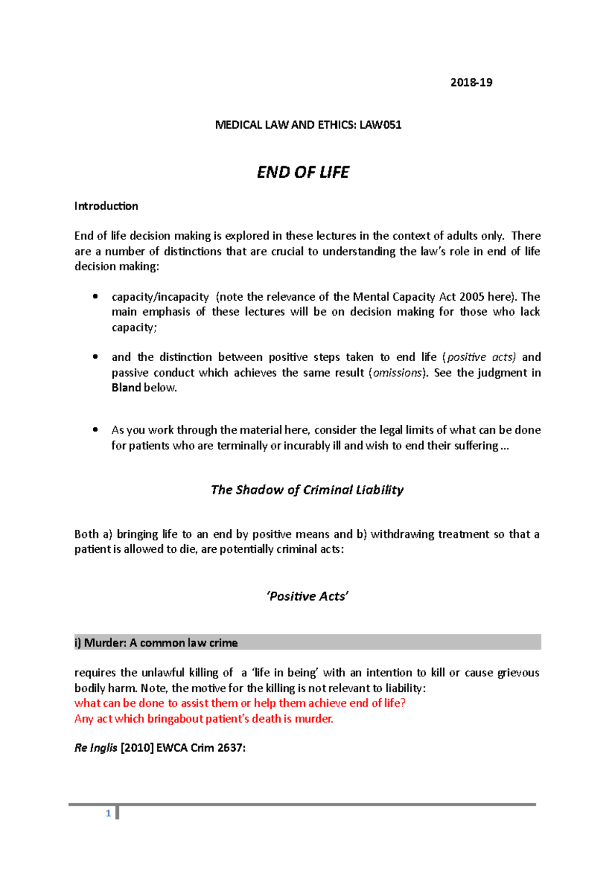 End of Life - Medical Law - MEDICAL LAW AND ETHICS: LAW051 END OF LIFE ...