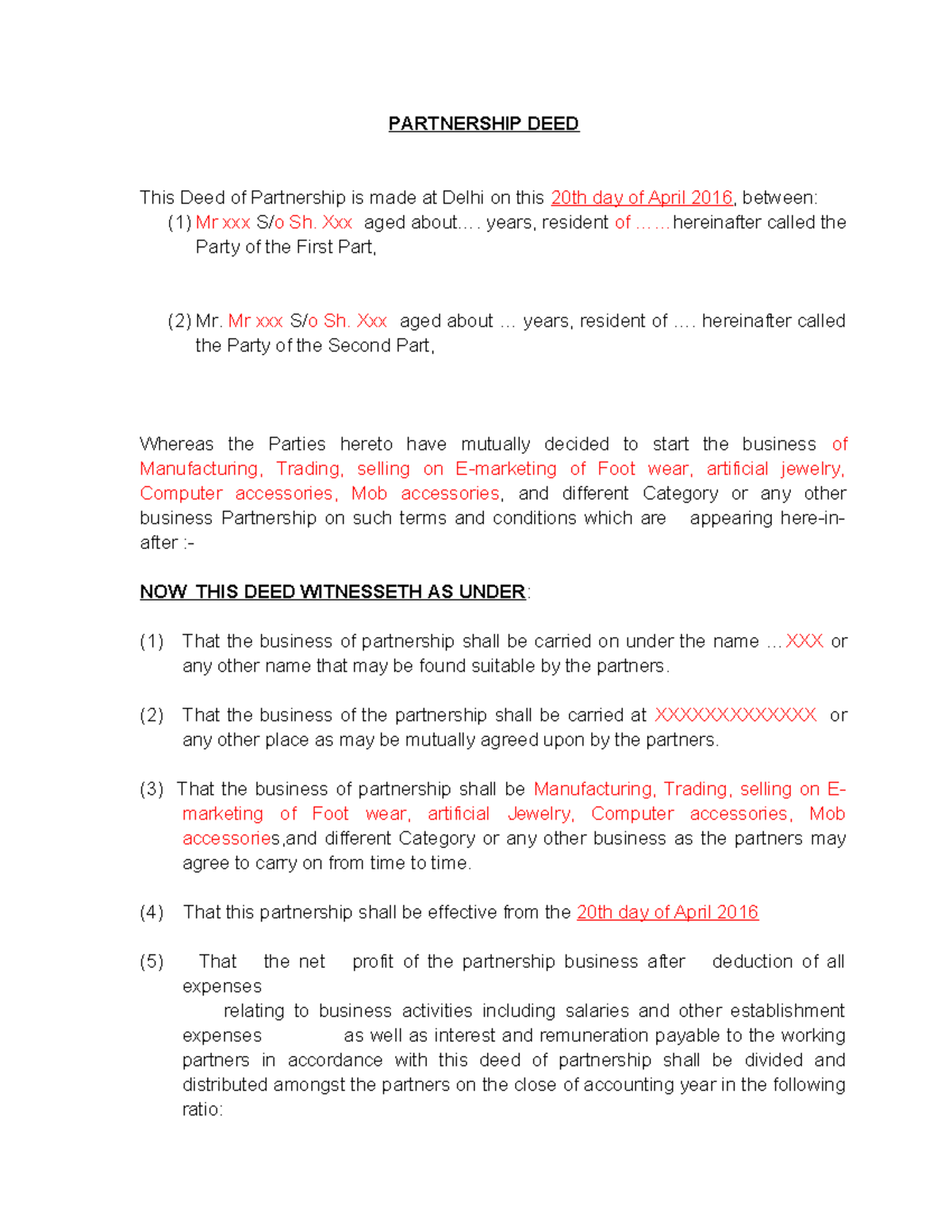 Partnership-deed-format - PARTNERSHIP DEED This Deed of Partnership is ...