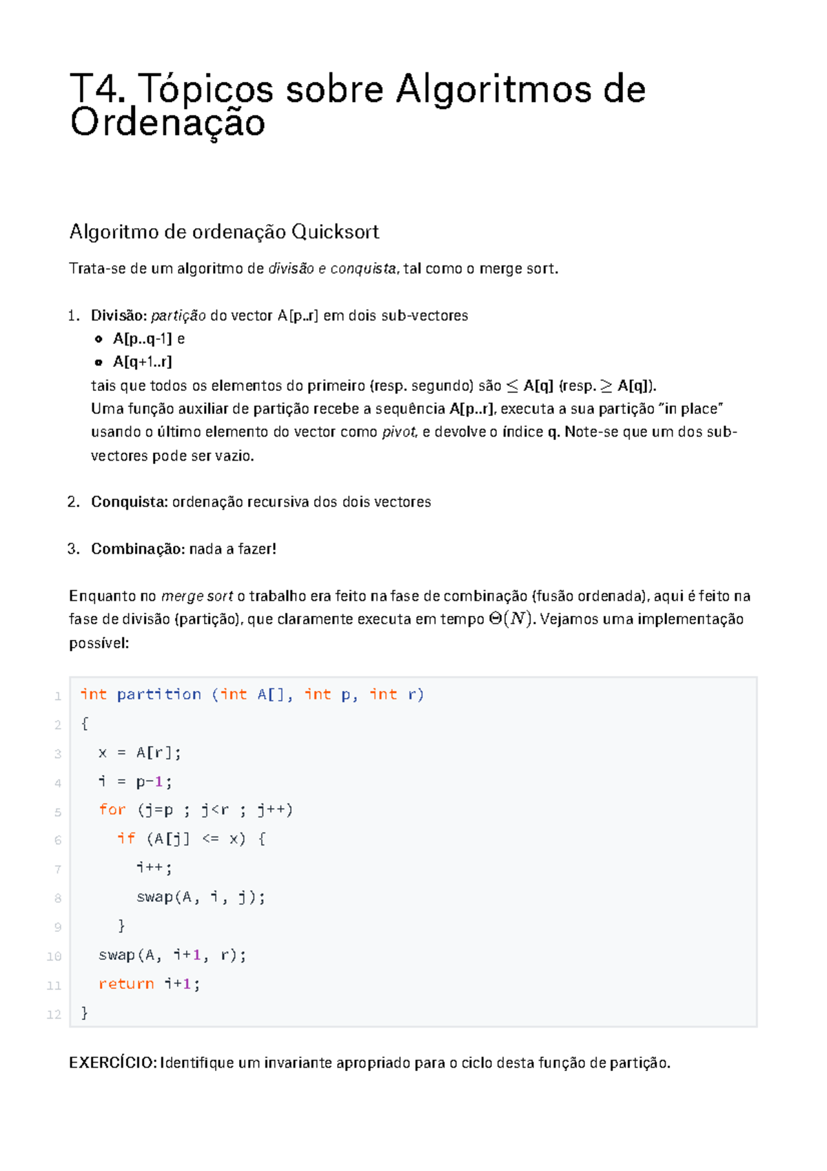T4. Tópicos sobre Algoritmos de Ordenação - 1 2 3 4 5 6 7 8 9 10 11 12 ...