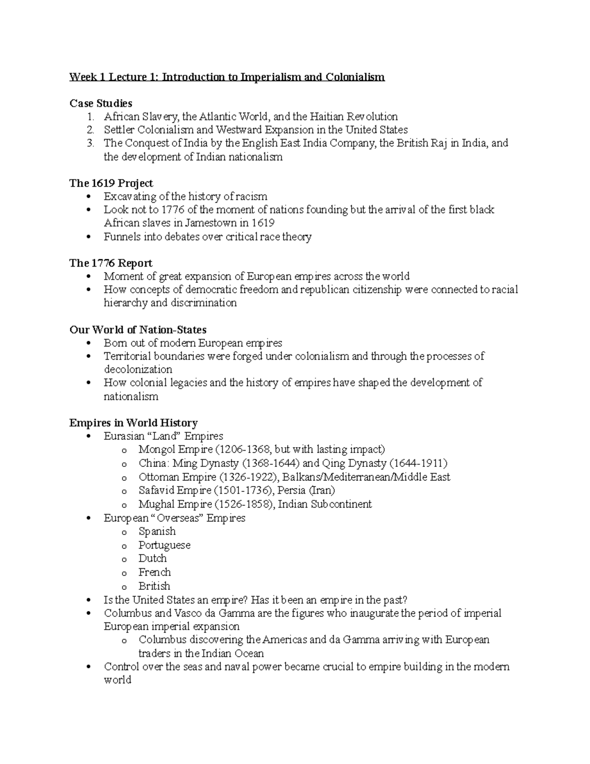 Lecture Notes 1 Imperialism and Colonialism - Week 1 Lecture 1 ...