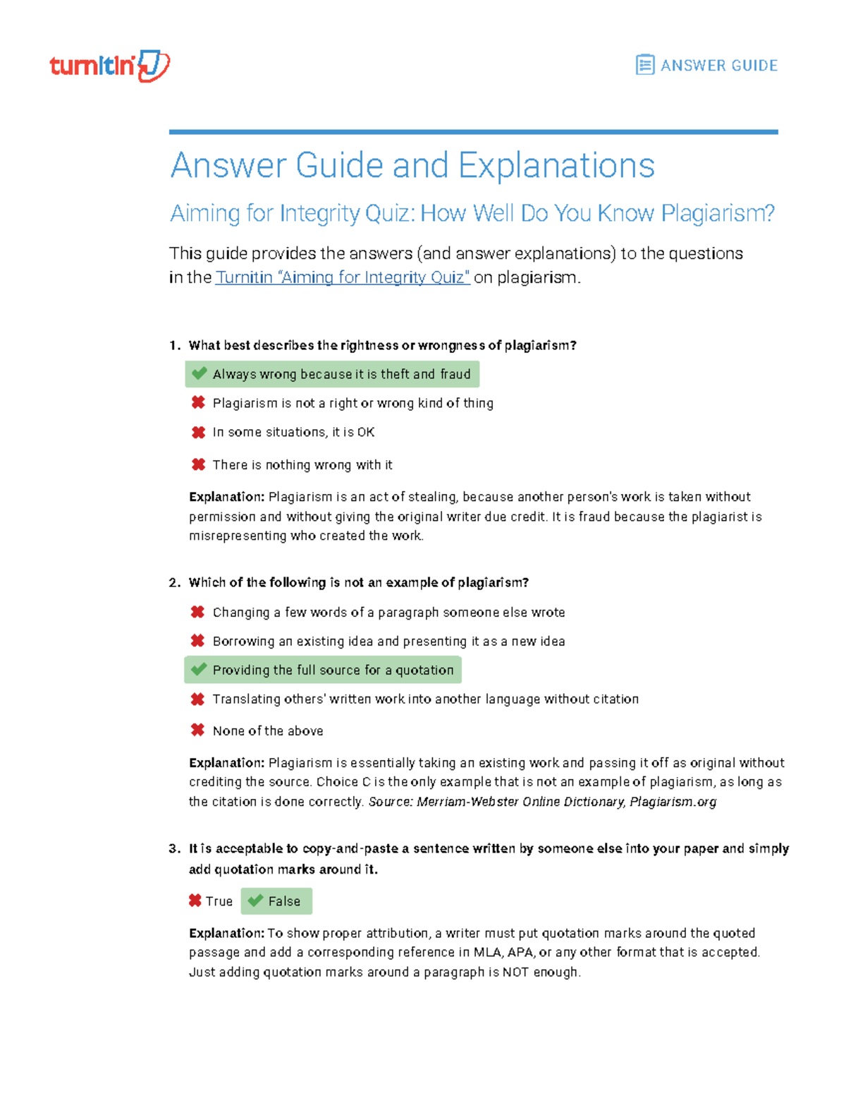 Aiming for integrity answer guide - ANSWER GUIDE Answer Guide and ...