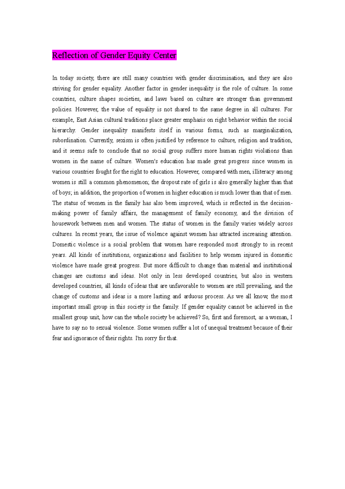 Reflection of Gender Equity Center by ruohanqi - Reflection of Gender ...