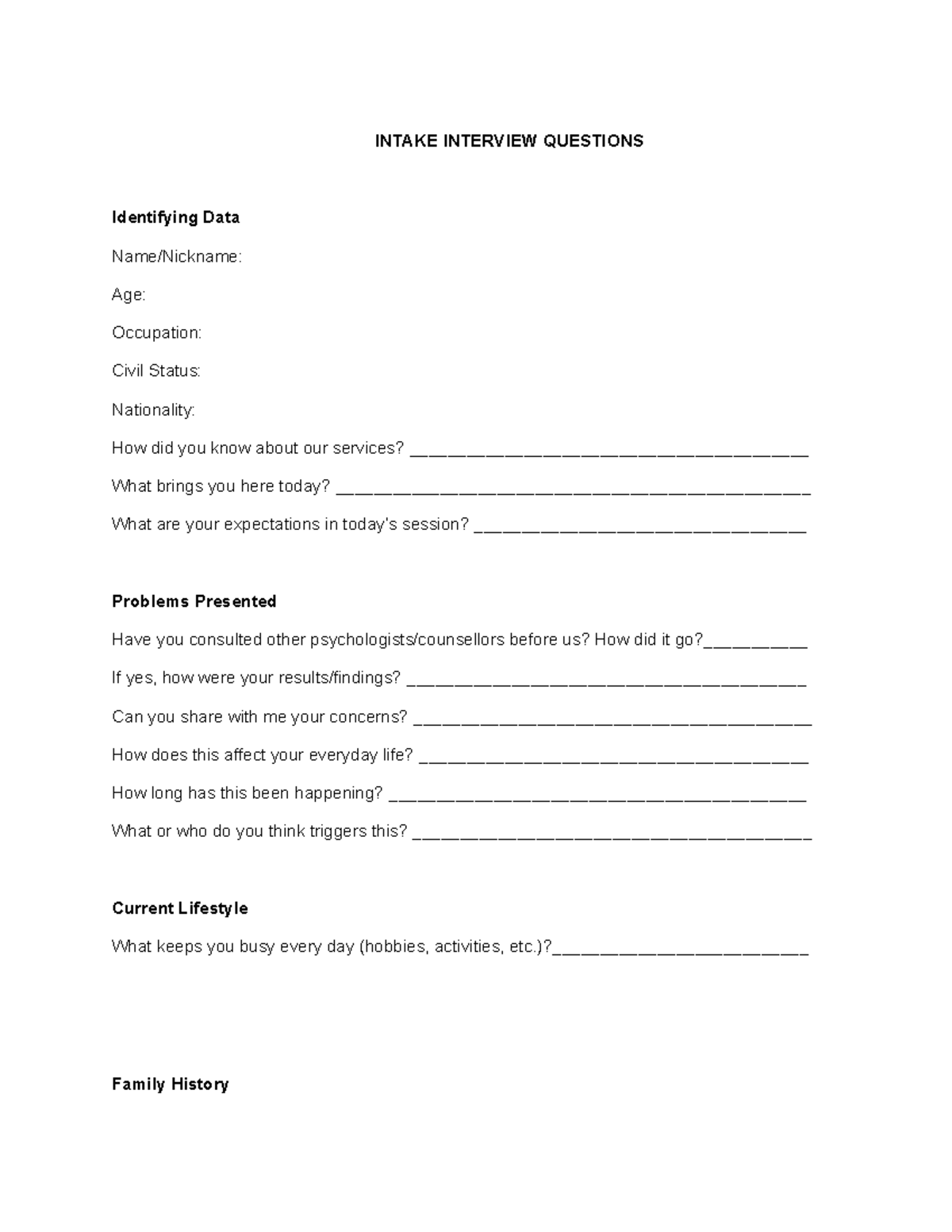 Intake Interview - INTAKE INTERVIEW QUESTIONS Identifying Data Name ...