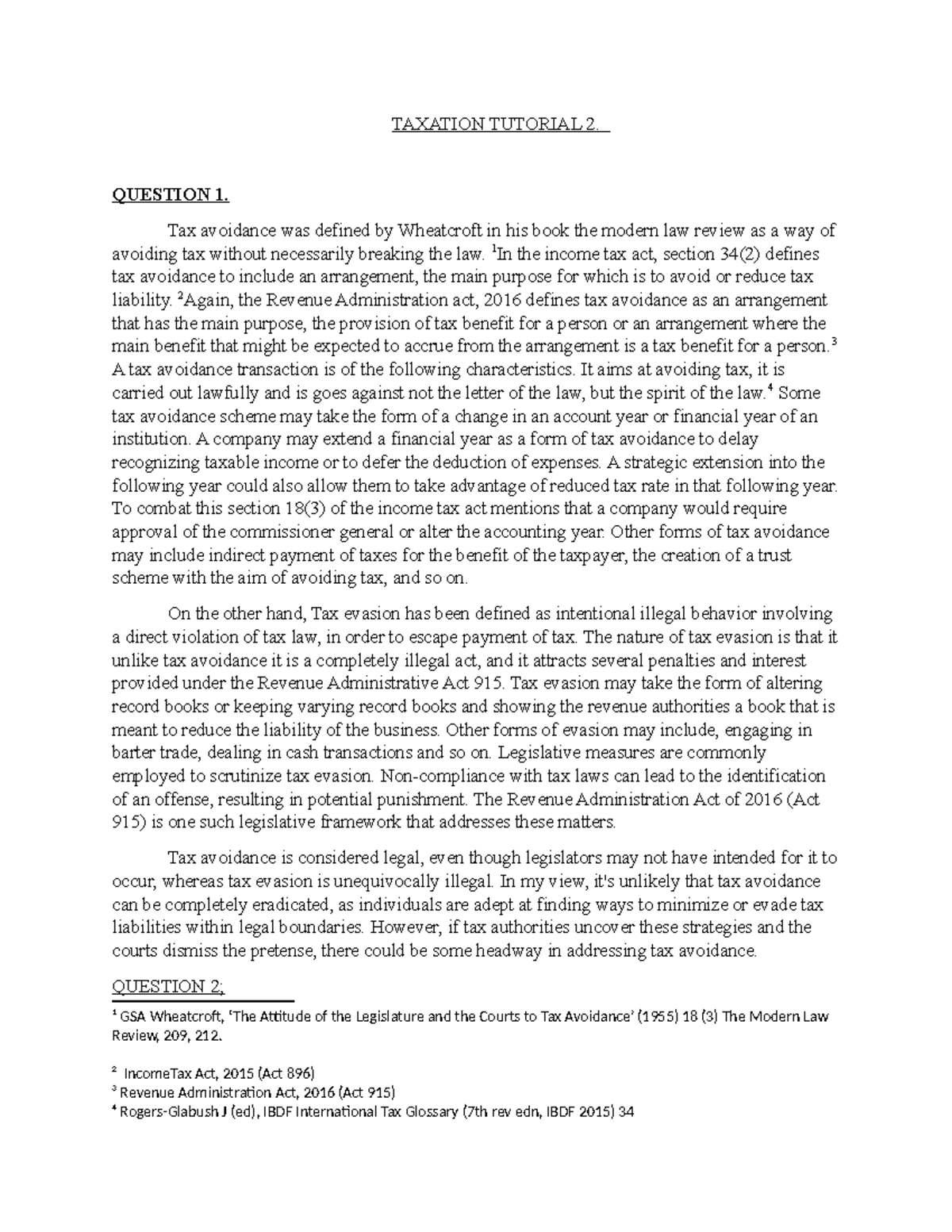 Taxation Tutorial 2 - bbgb - TAXATION TUTORIAL 2. QUESTION 1. Tax ...