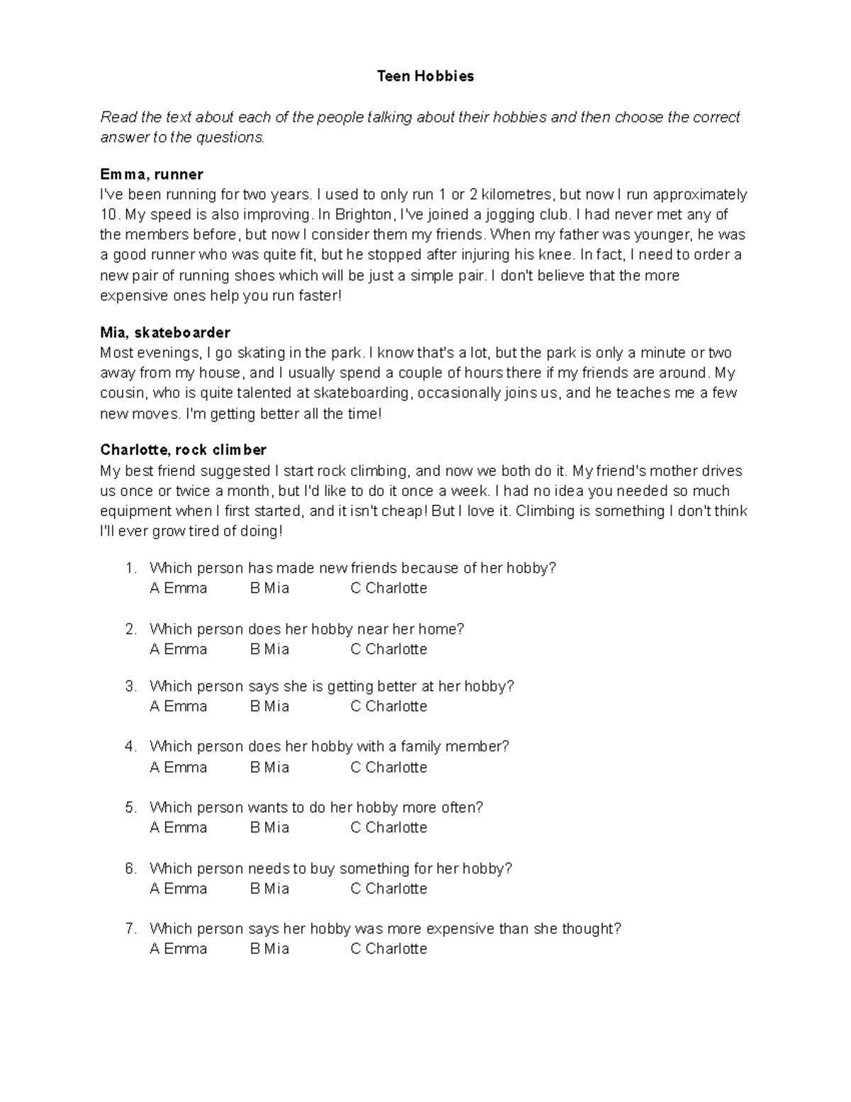 A2-Reading-Part-2 -Teen-Hobbies - Teen Hobbies Read the text about each ...