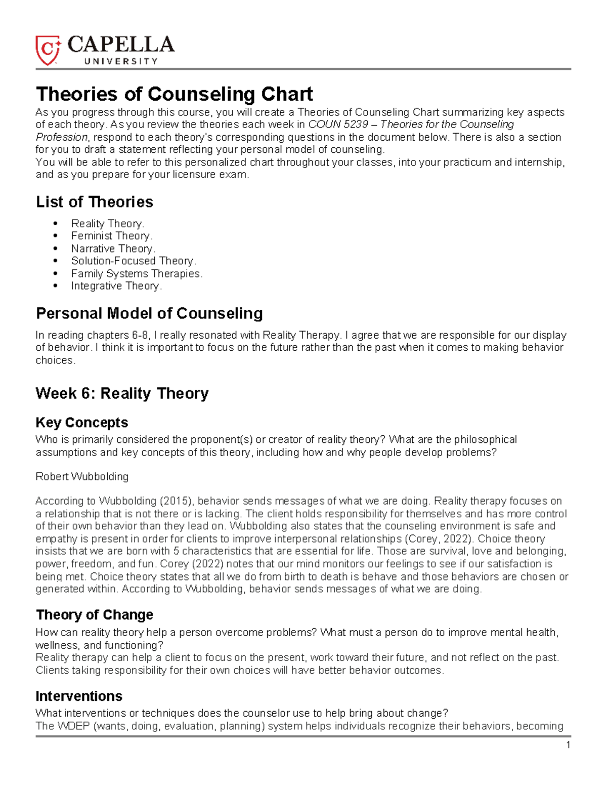 Cf theories counseling chart Course Revision - Theories of Counseling ...