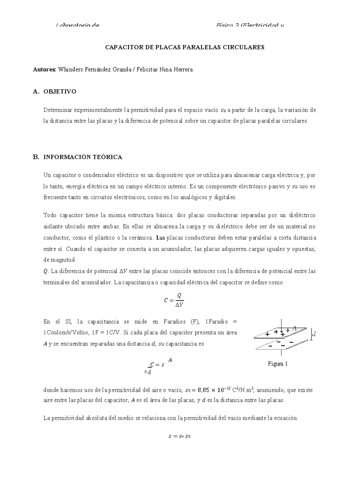 5. Capacitor de Placas paralelas circulares - CAPACITOR DE PLACAS PARALELAS CIRCULARES Autores ...