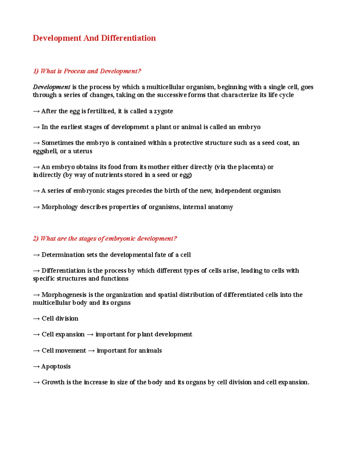 Development & Differentiation - Development And Differentiation 1) What ...