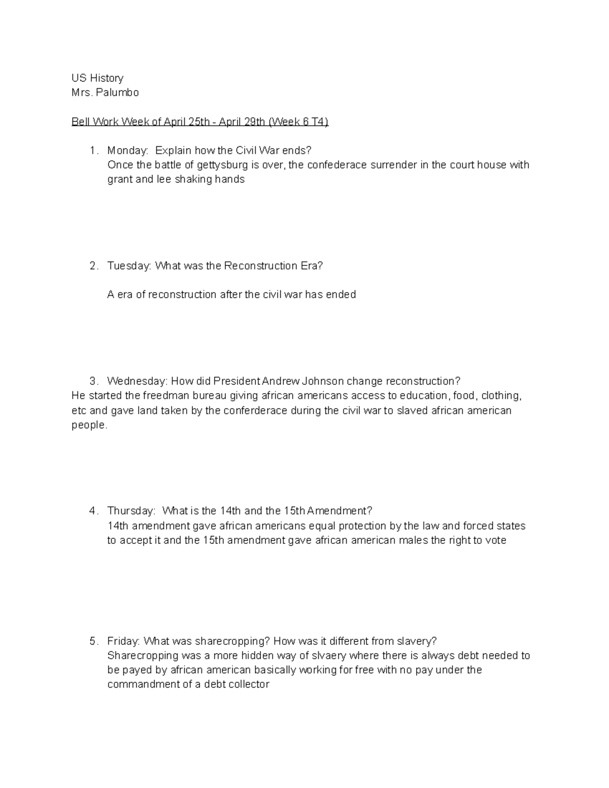 Copy of Lesson 4.4 Bell Work 4 25 - 4 29 2022 Week - US History Mrs ...
