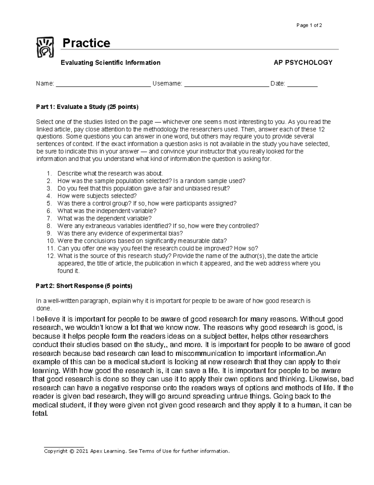 1 - start of into to pysc - Page 1 of 2 Practice Evaluating Scientific ...