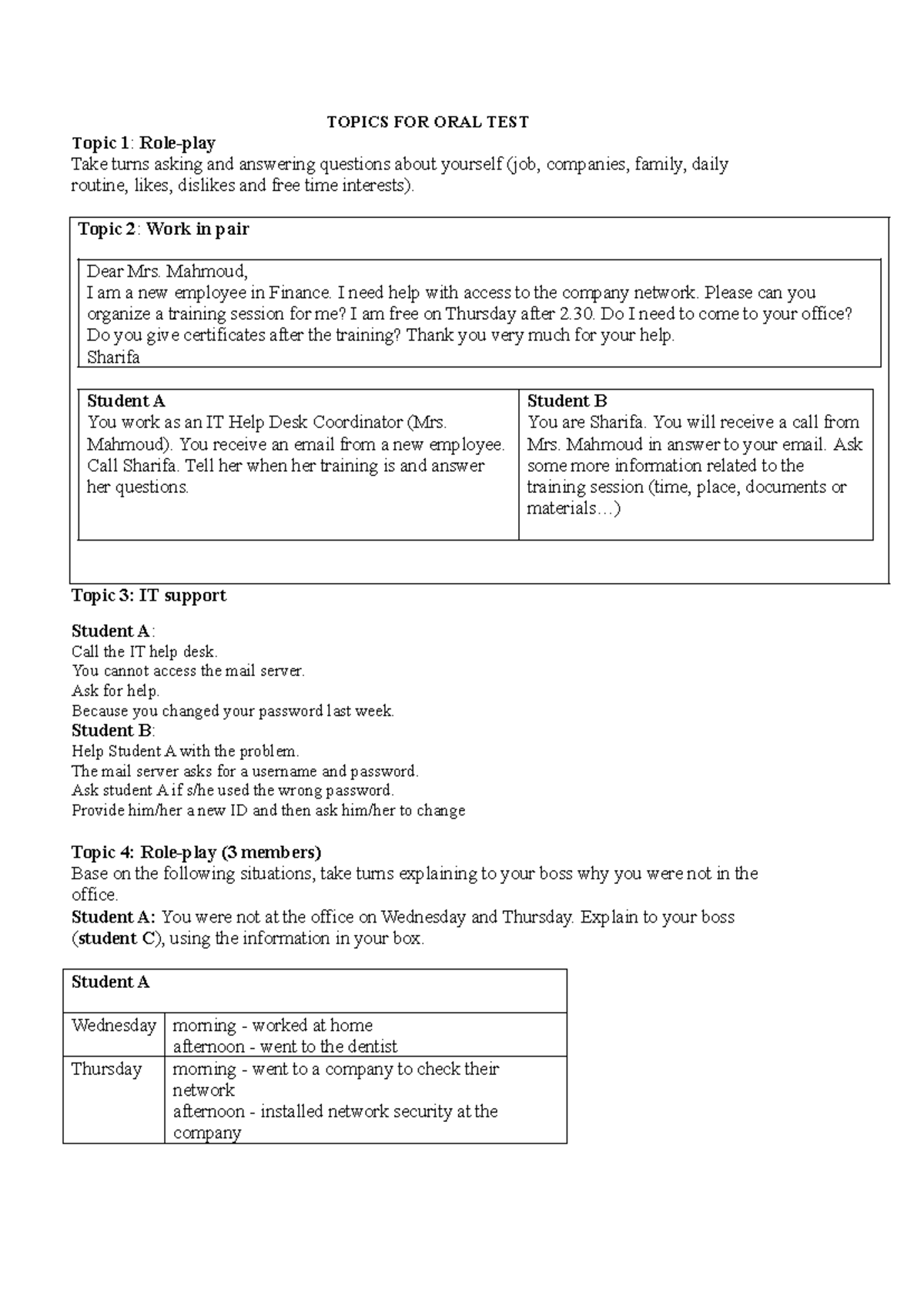 Speaking Topics For Oral Test - TOPICS FOR ORAL TEST Topic 1: Role-play ...