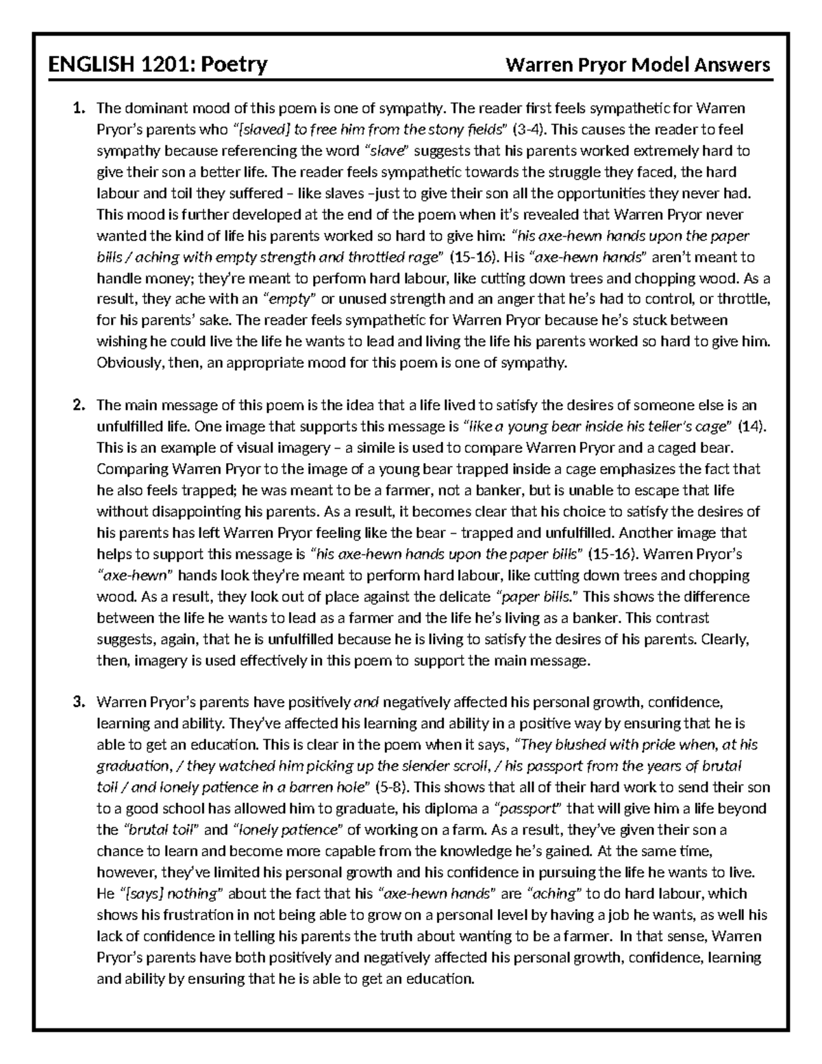 Warren pryor model answers - ENGLISH 1201: Poetry Warren Pryor Model ...
