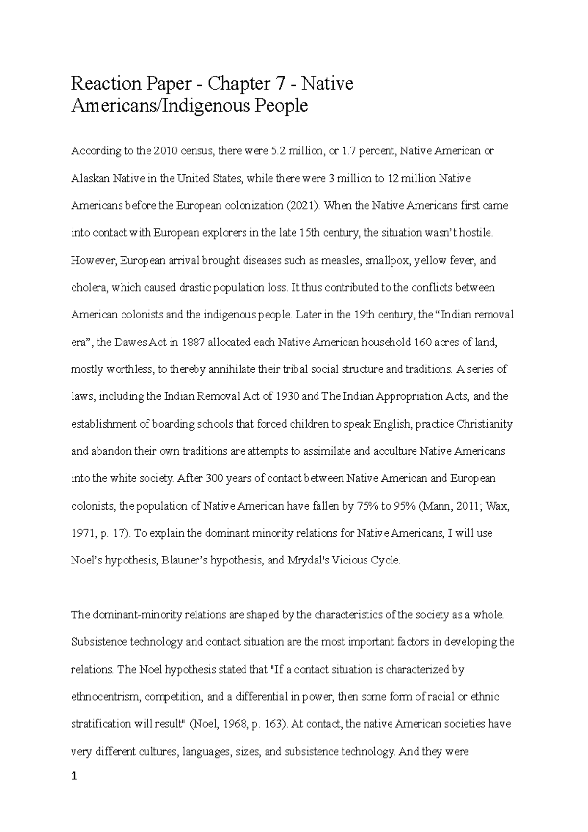 Reaction Paper ch7 - Grade: A - Reaction Paper - Chapter 7 - Native ...