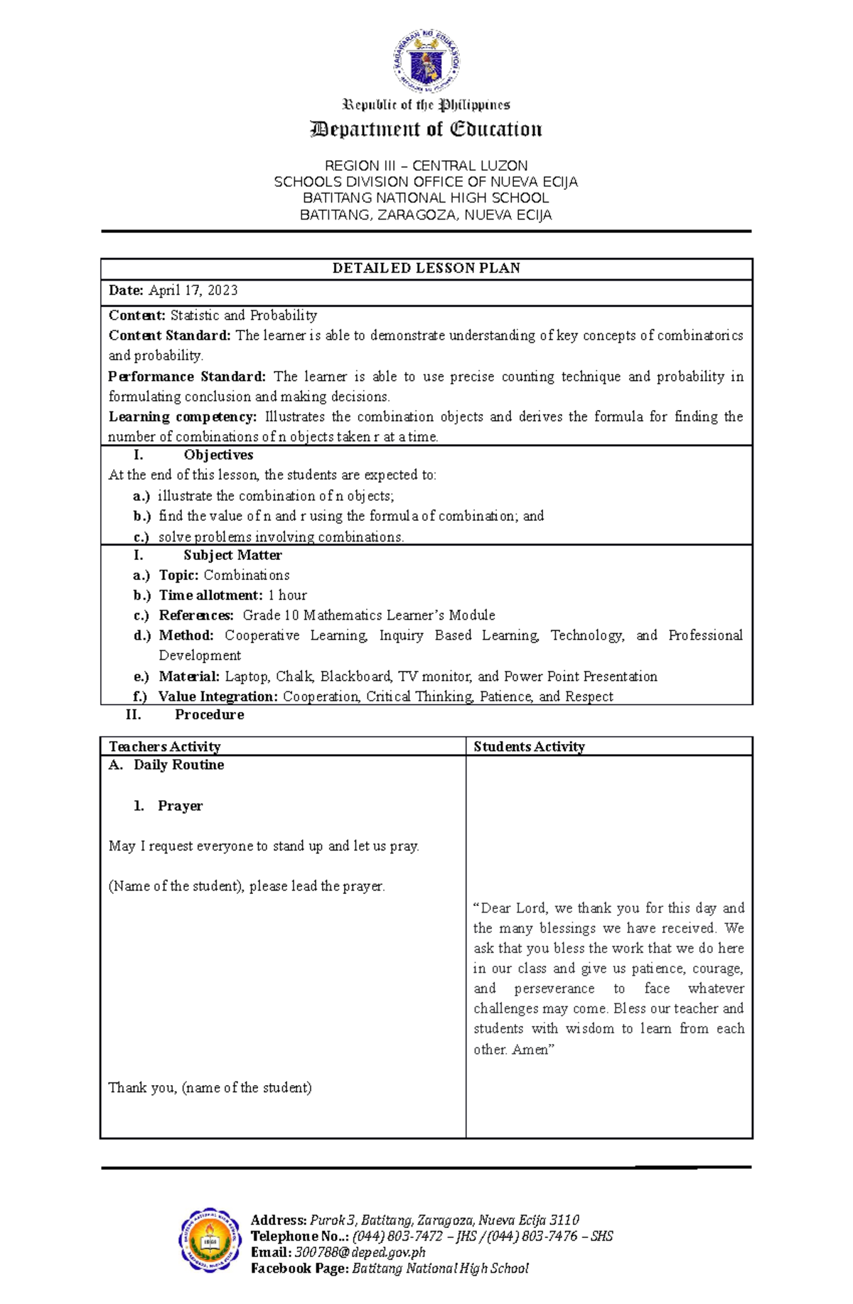 lesson plan combination - SCHOOLS DIVISION OFFICE OF NUEVA ECIJA ...