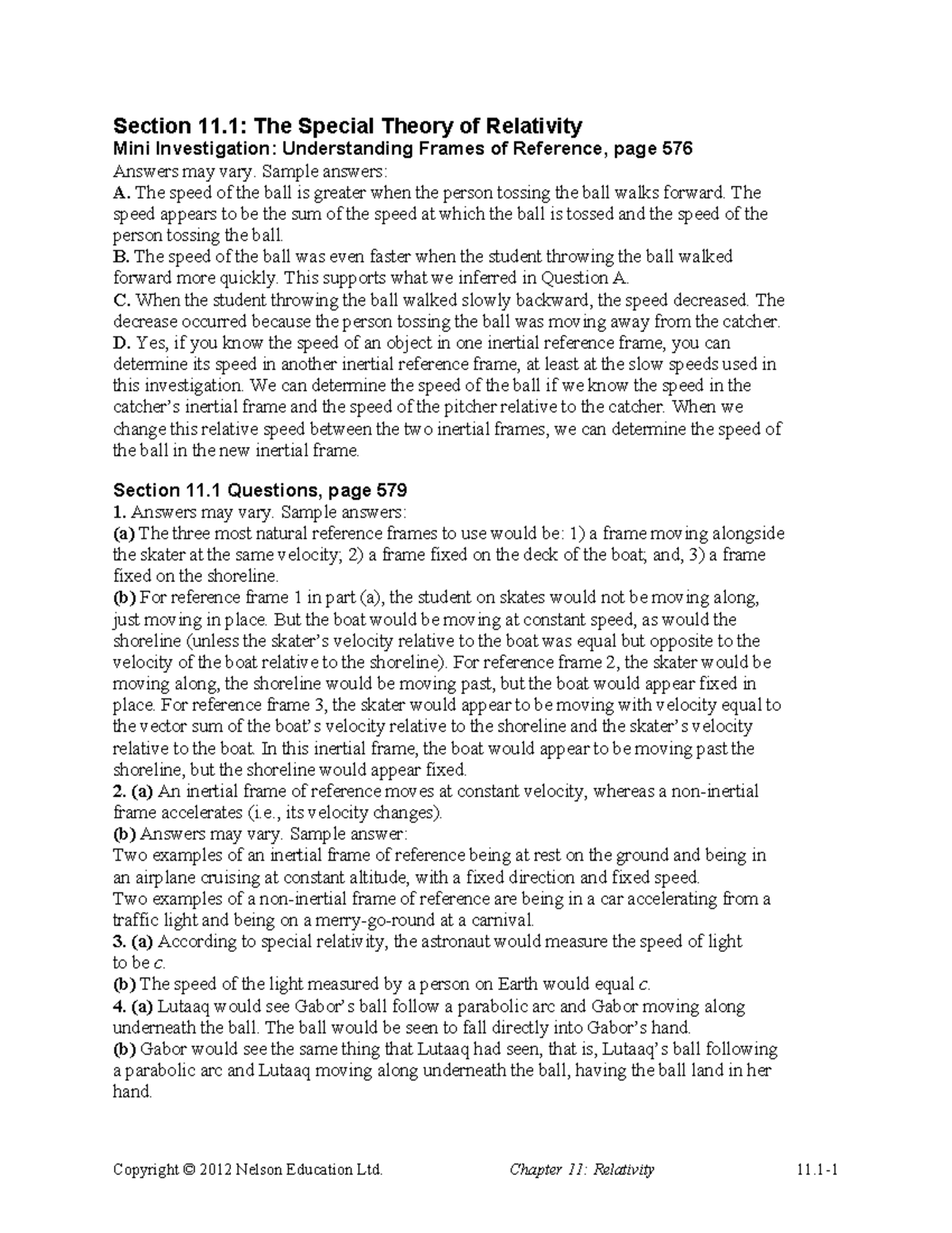 Nelson Physics 12 Chapter 11 solutions - Section 11 .1 : The Special ...