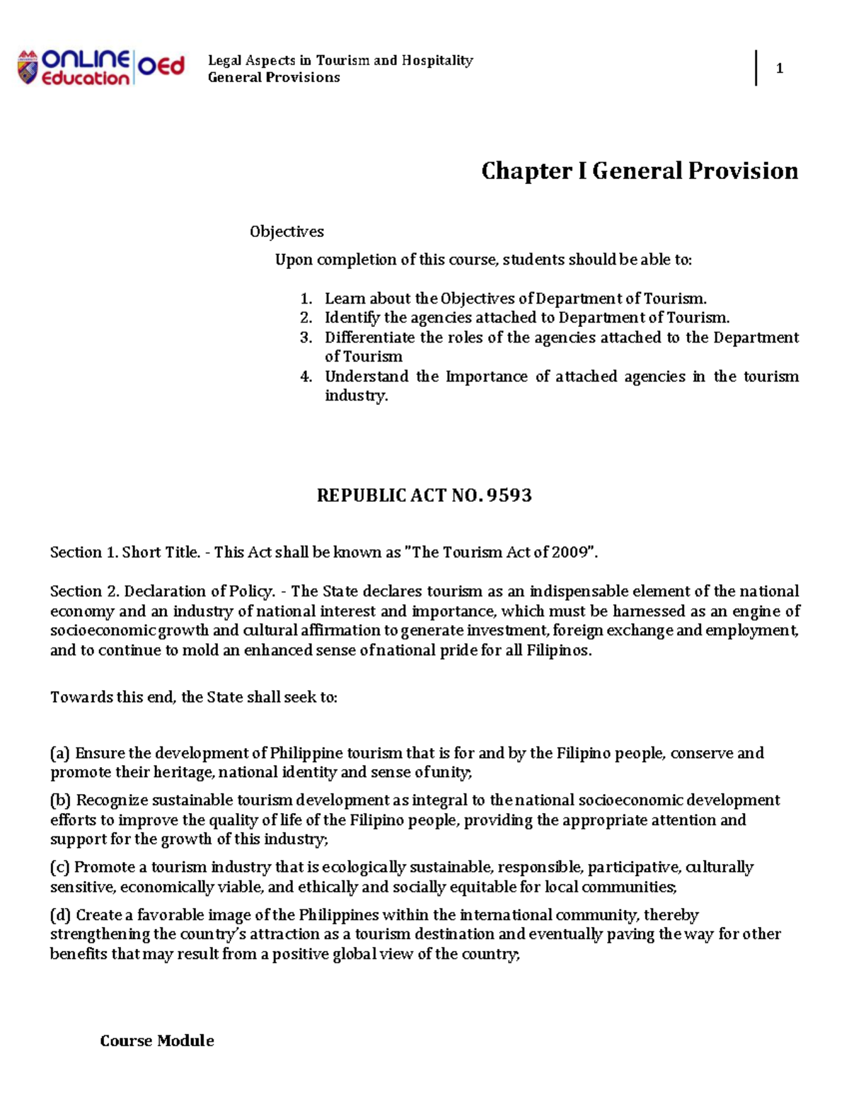 W2- Module 002 General Provisions - Legal Aspects in Tourism and ...