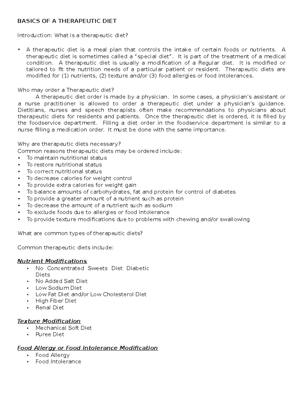 Nursing Therapeutic Diet - BASICS OF A THERAPEUTIC DIET Introduction ...