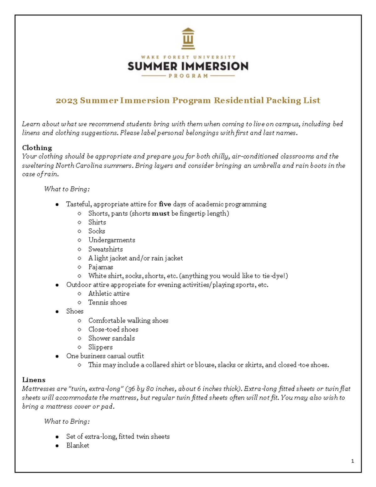 2023 SIP Packing List - good - 2023 Summer Immersion Program ...