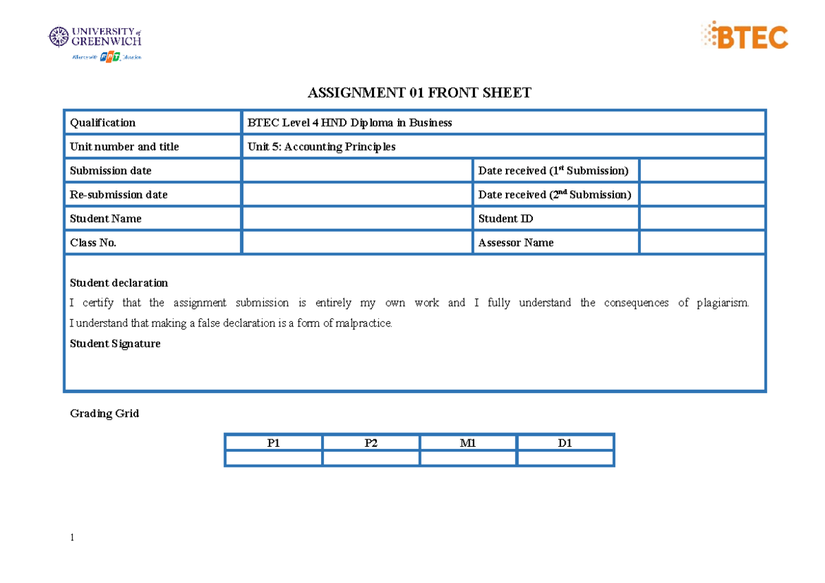 5038 Assignment 1 Front Sheet - ASSIGNMENT 01 FRONT SHEET Qualification BTEC Level 4 HND Diploma ...