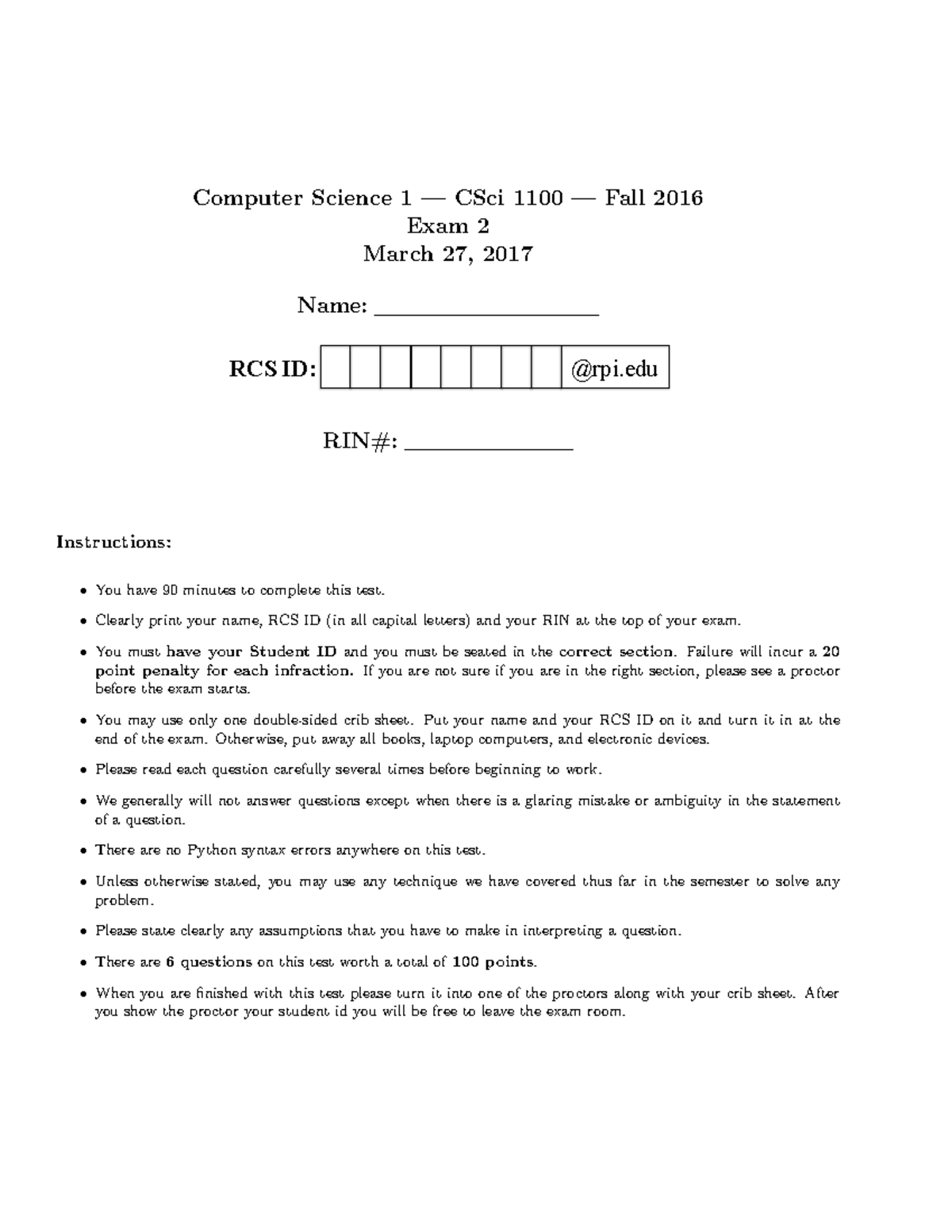 Exam2 Spring 2017 - back exam - Computer Science 1 — CSci 1100 — Fall 2016 Exam 2 March 27, 2017 ...