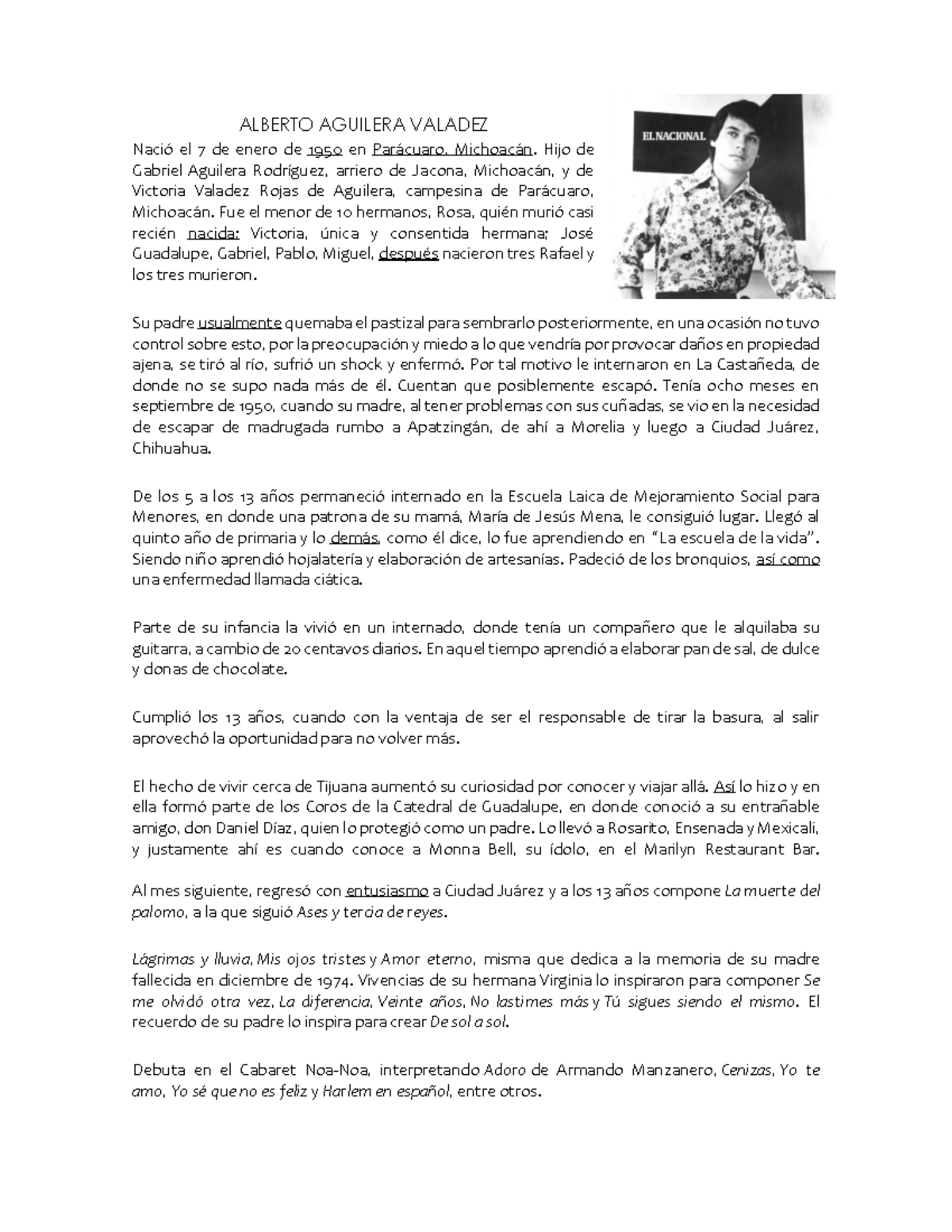 Ejemplo de una Biografía - ALBERTO AGUILERA VALADEZ Nació el 7 de enero ...