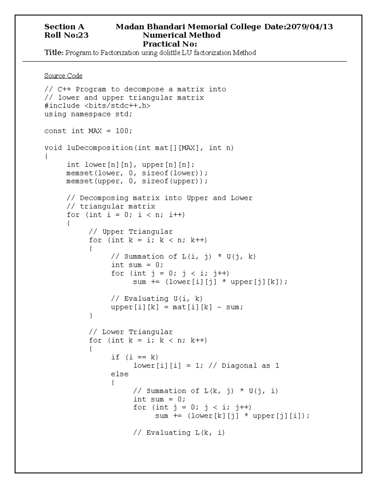 Lab 14 dolittle LU Matrix Factorization - Section A Madan Bhandari ...