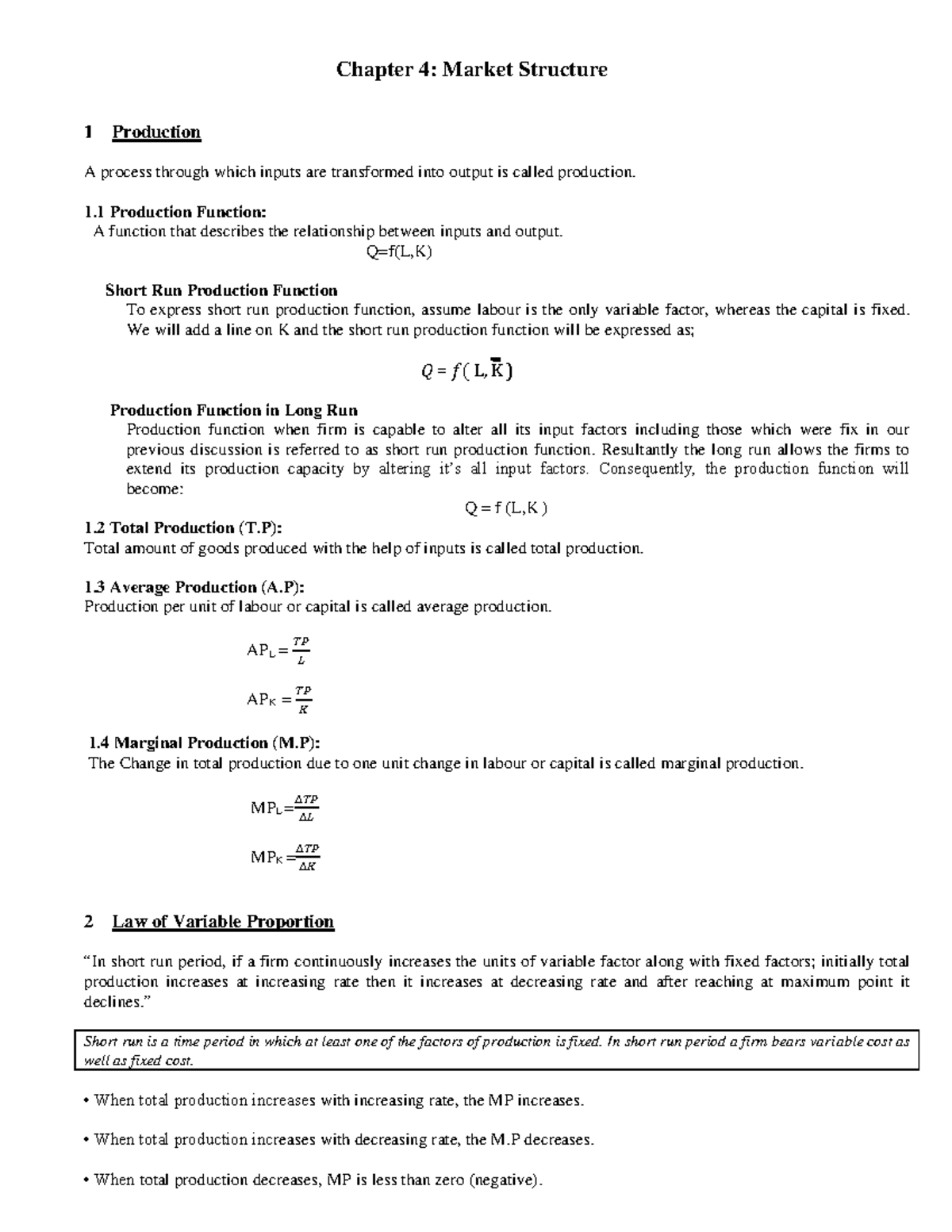 Economics Ch 4 - notes - Chapter 4: Market Structure 1 Production A ...