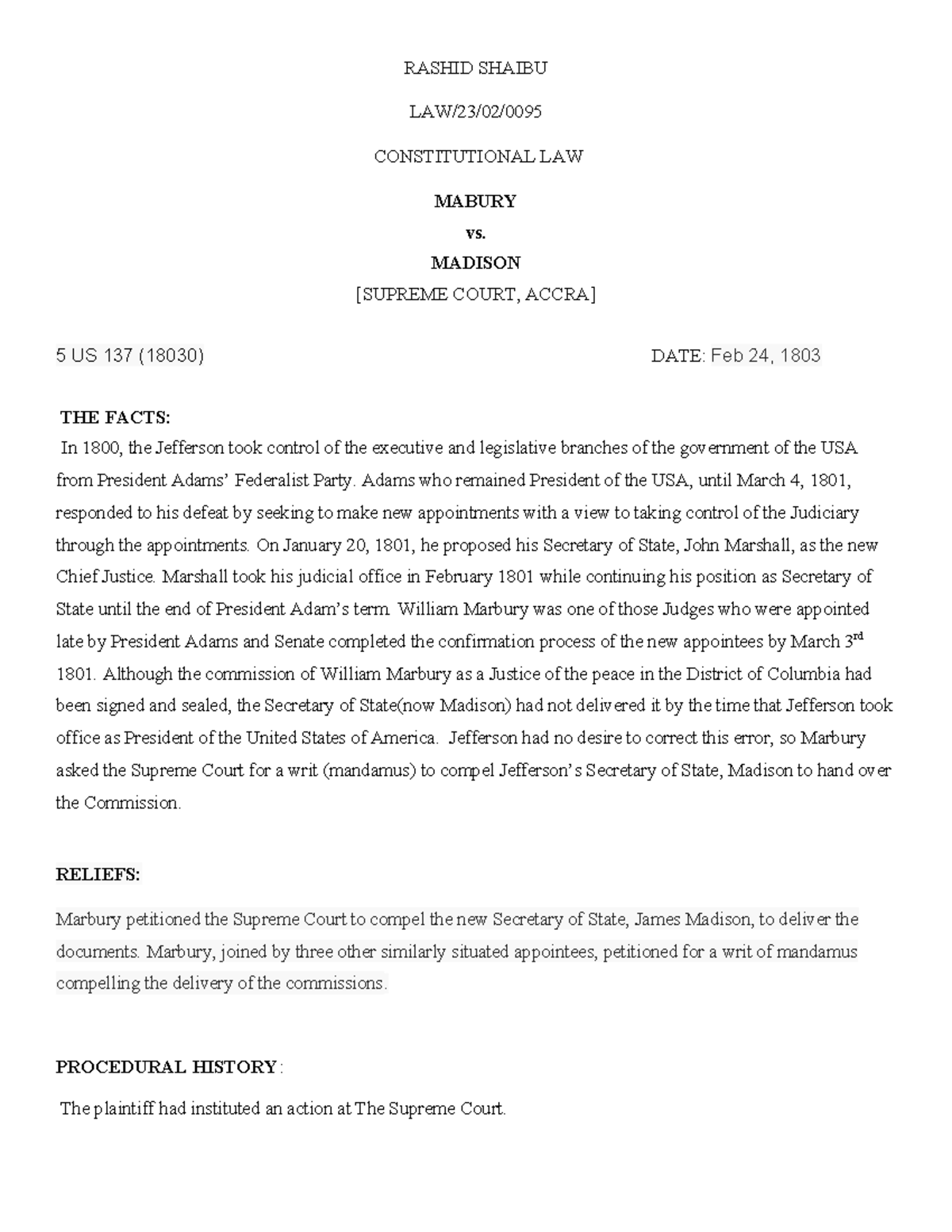 Mabury V Madison. 1 - ASSIGNMENT FOR CASE BRIEF - RASHID SHAIBU LAW/23 ...