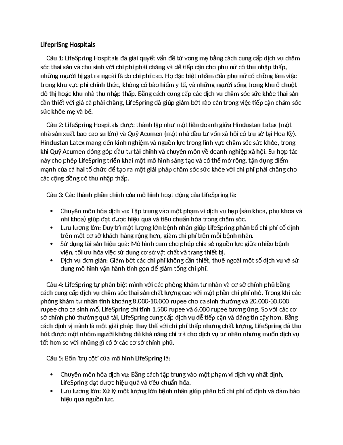 QTDM case - case study - LifepriSng Hospitals Câu 1: LifeSpring ...