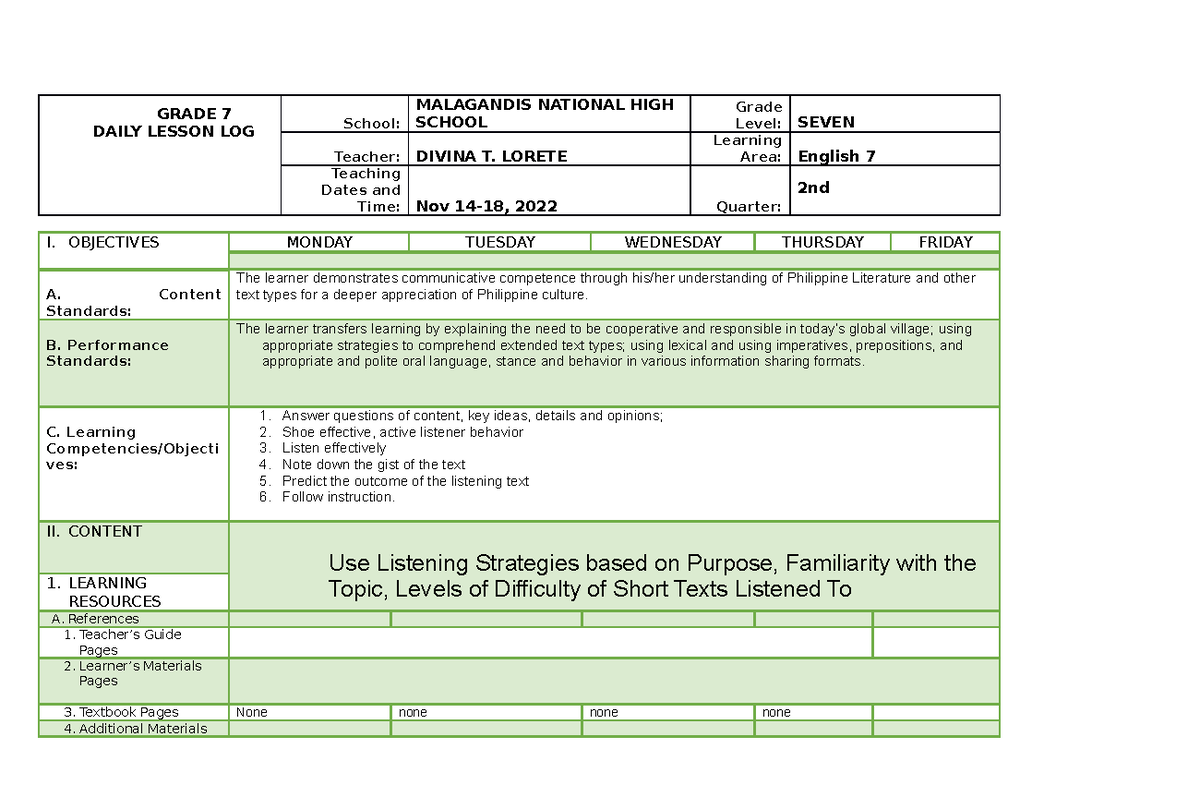 Q2 Week 1 Daily Lesson Log - GRADE 7 DAILY LESSON LOG School ...