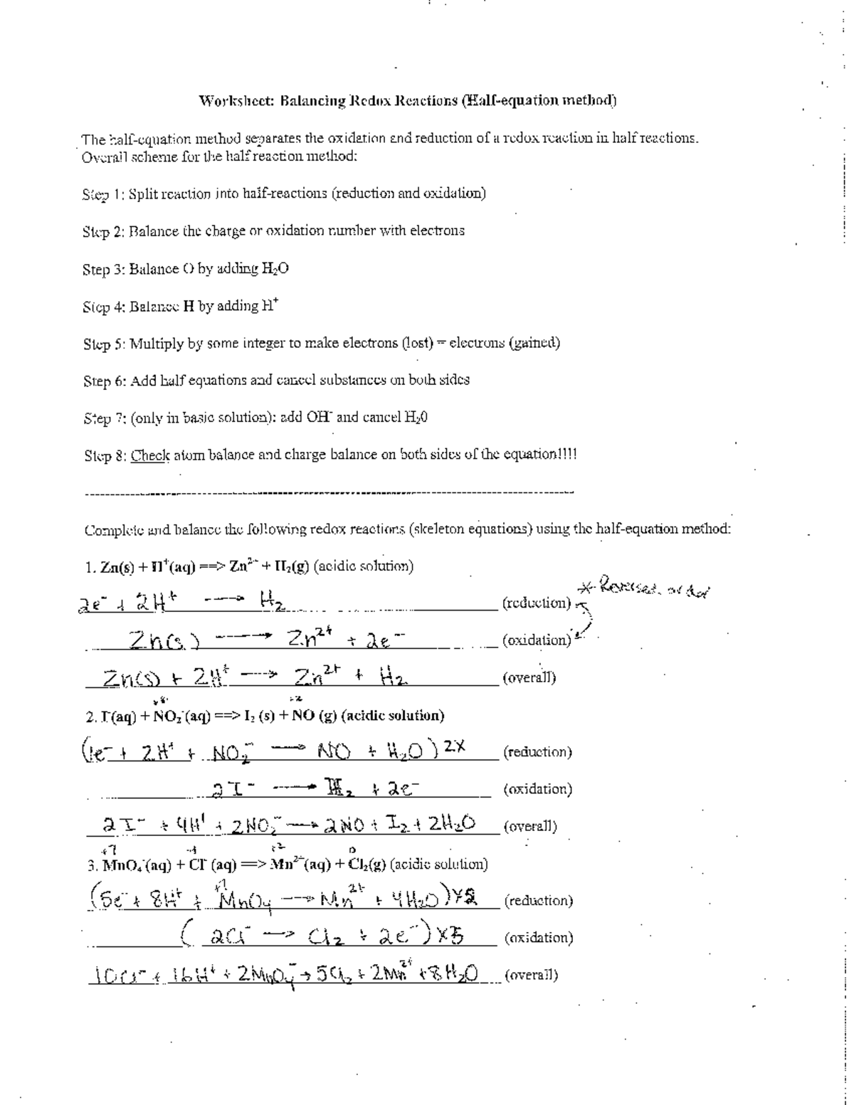 Redox-review - practice - Worksheet: Balancing Redox Reactions method ...