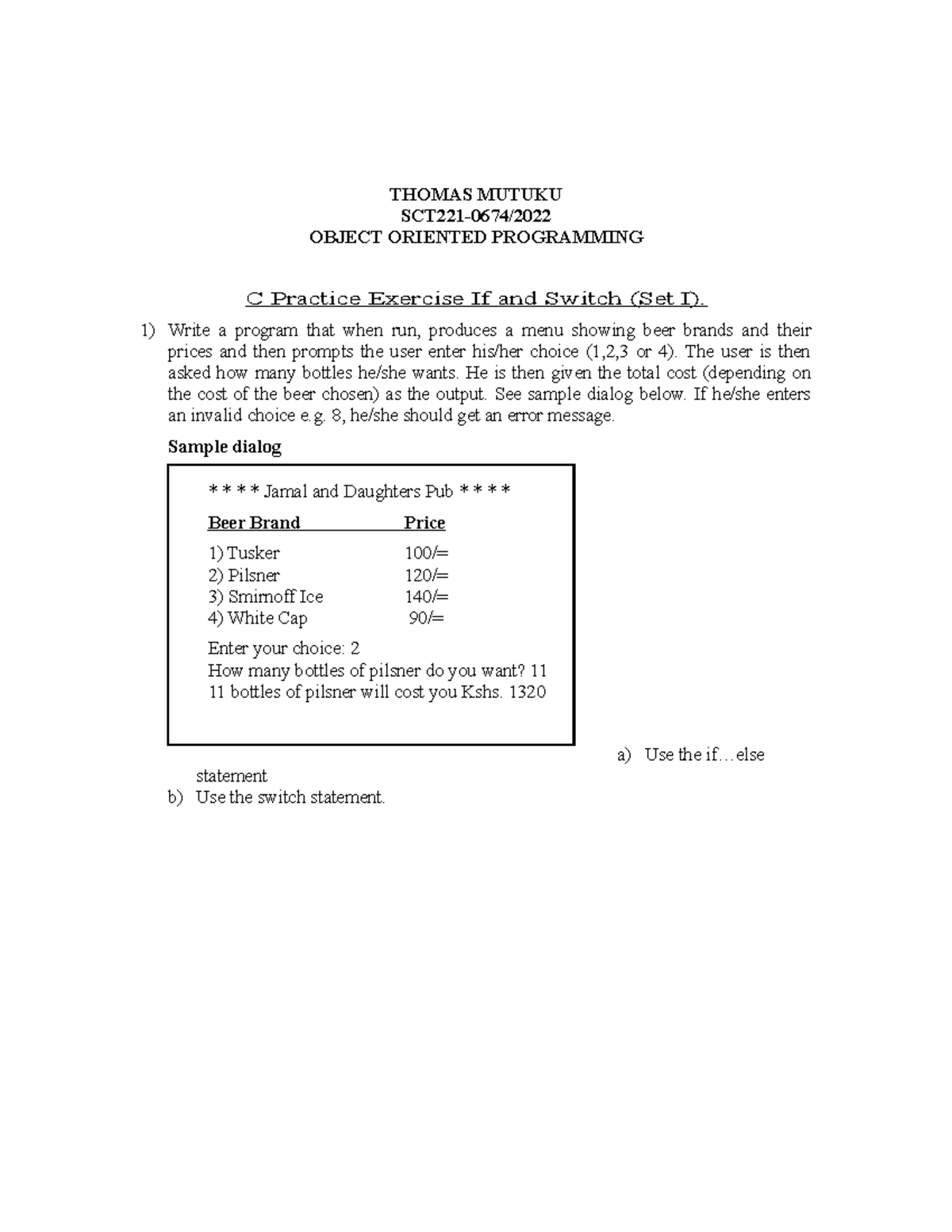 If and Switch (Set I) - programing practice material - Jamal and ...