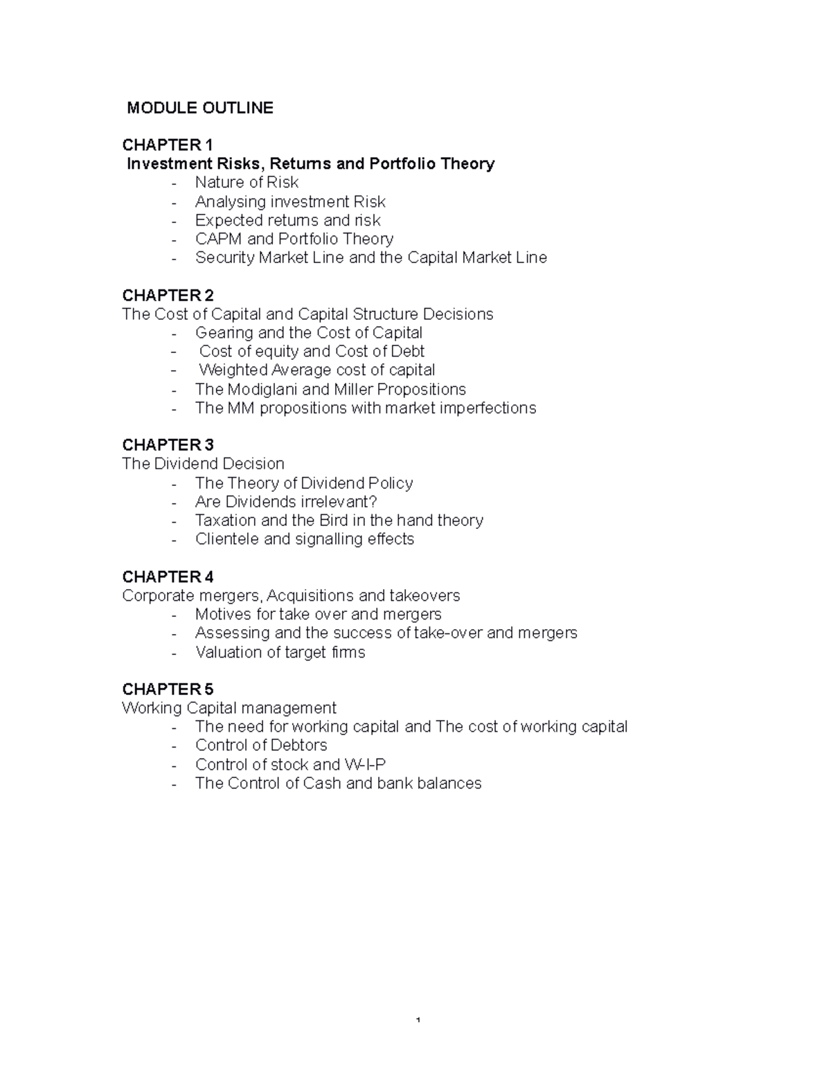 Corporate Finance B 11 - MODULE OUTLINE CHAPTER 1 Investment Risks, Returns and Portfolio Theory ...
