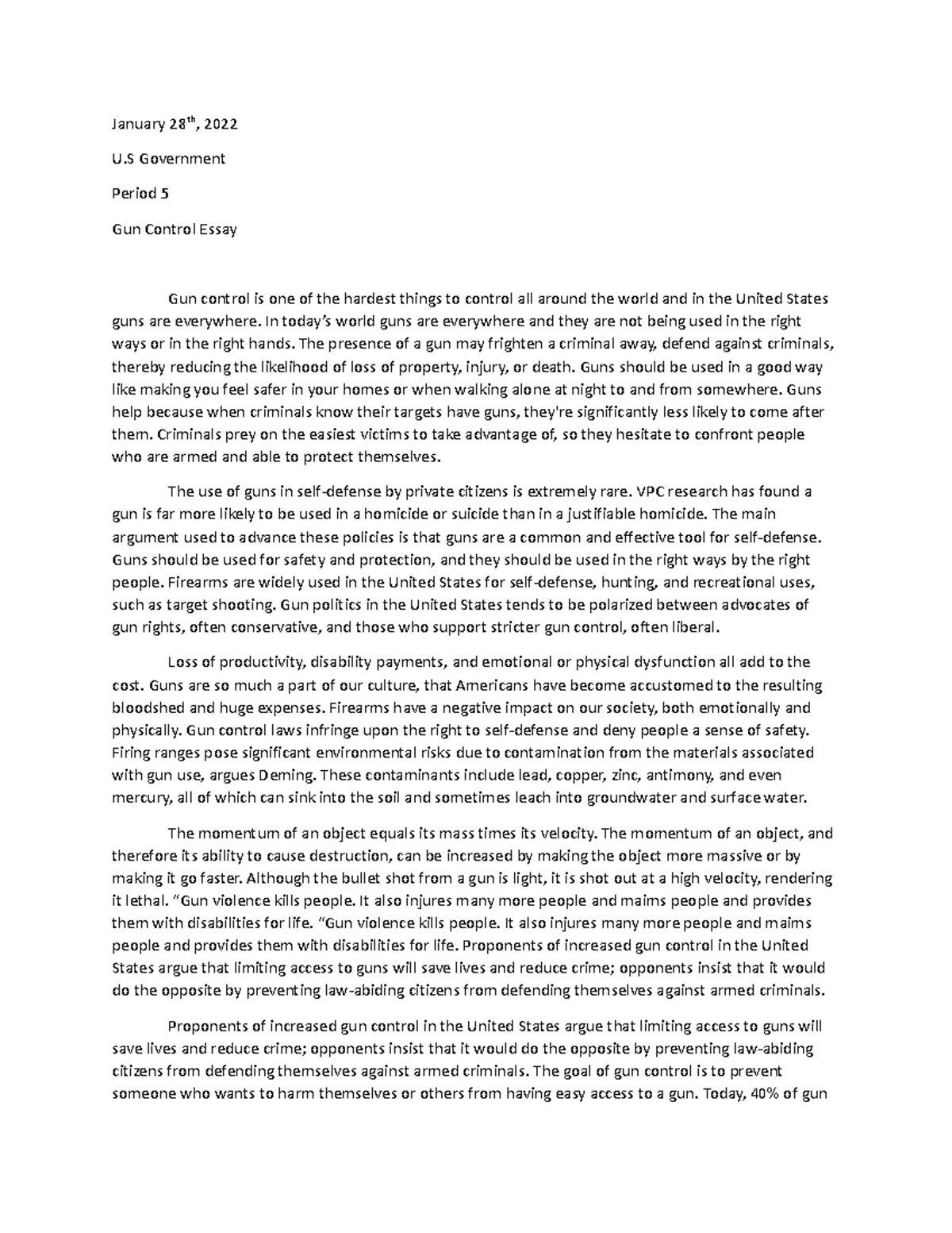 Gun Control Essay - January 28th, 2022 U Government Period 5 Gun ...