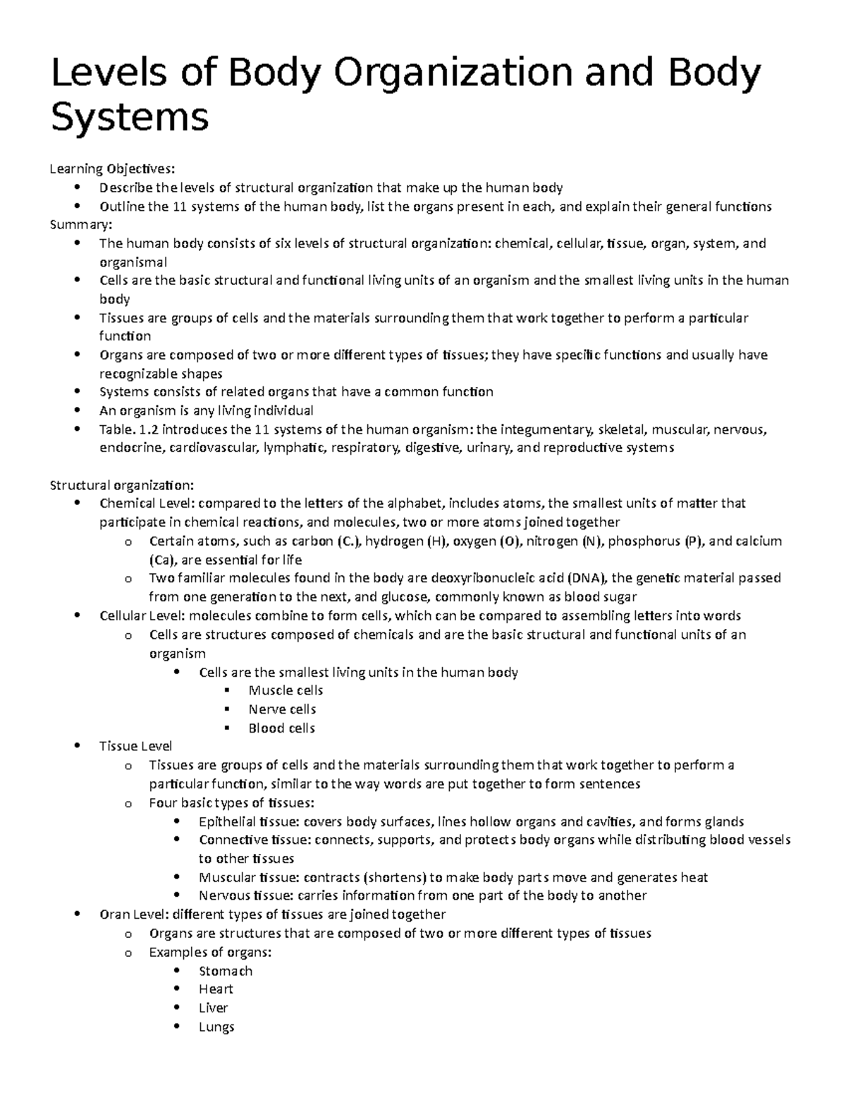 Levels of Body Organization and Body Systems - Levels of Body ...