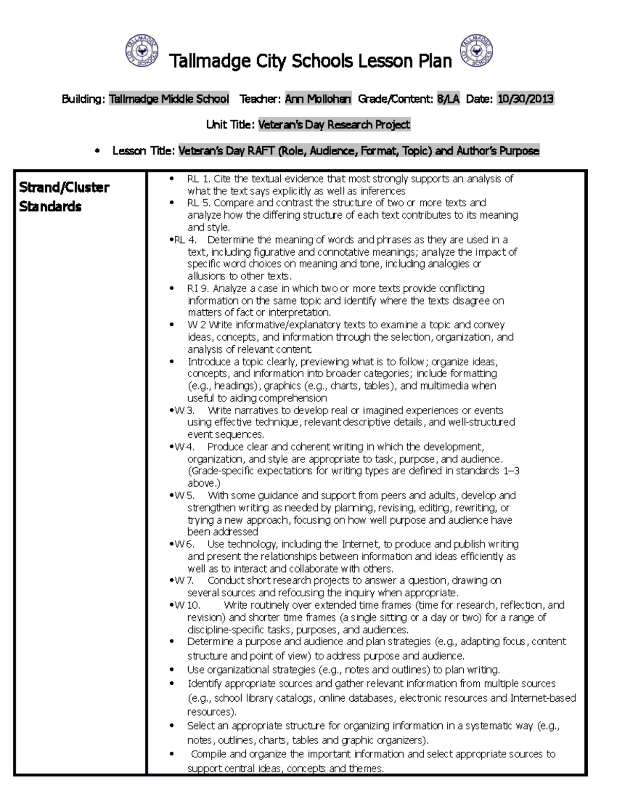 Veteran's standards lesson plan docx doc - Tallmadge City Schools ...