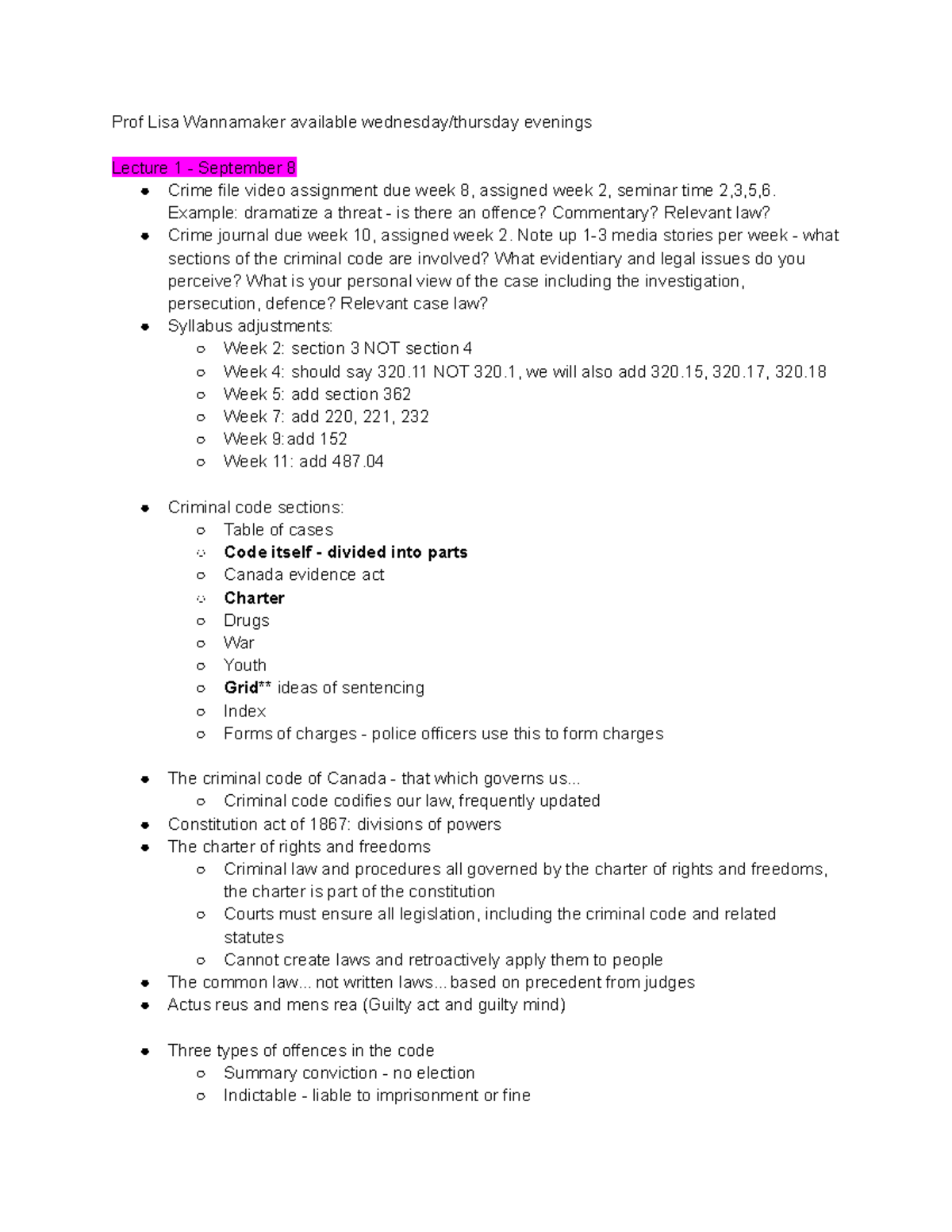 FRSC 2100 criminal code - Prof Lisa Wannamaker available wednesday ...