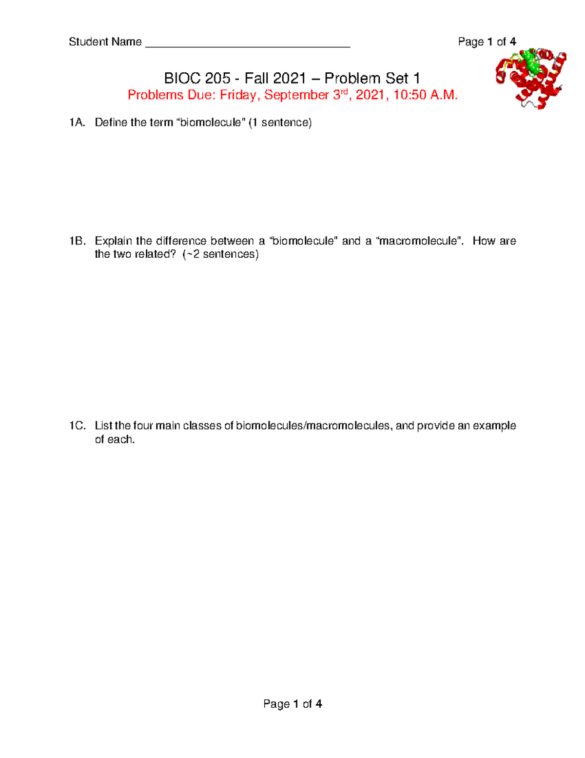 BIOC 205 - Fall 2021 - Problem Set #1 - Student Name ________________________________ Page 1 of ...