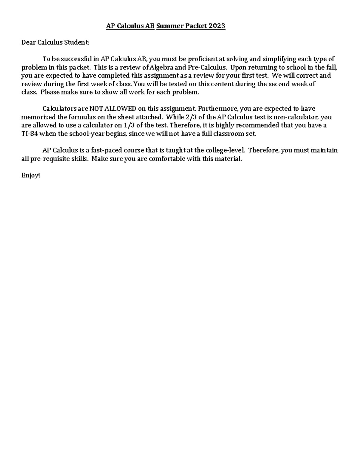 2023 AP CALC AB Packet before school starts - Studocu