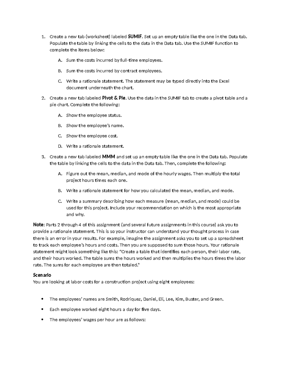 Assignment two guidelines - Create a new tab (worksheet) labeled SUMIF. Set up an empty table ...