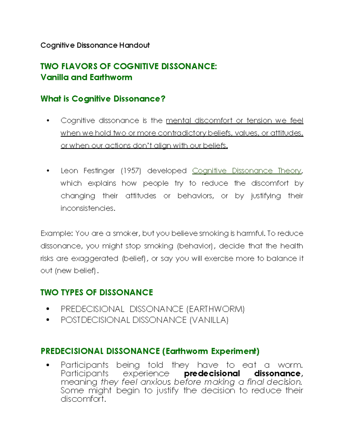 Cognitive Dissonance Handout - • Leon Festinger (1957) developed ...