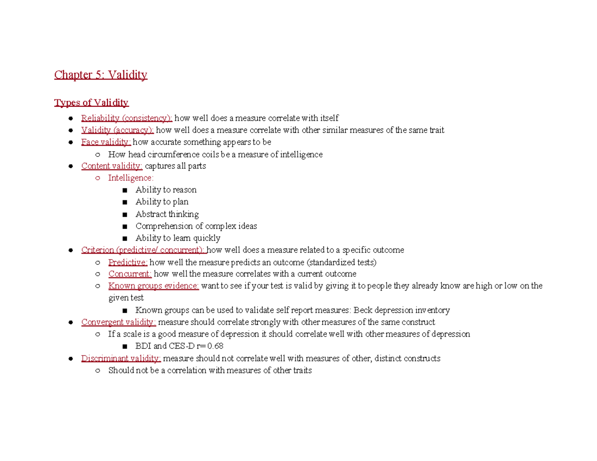 PSY EXAM 2 - PSY3213 EXAM 2 - Chapter 5: Validity Types of Validity ...