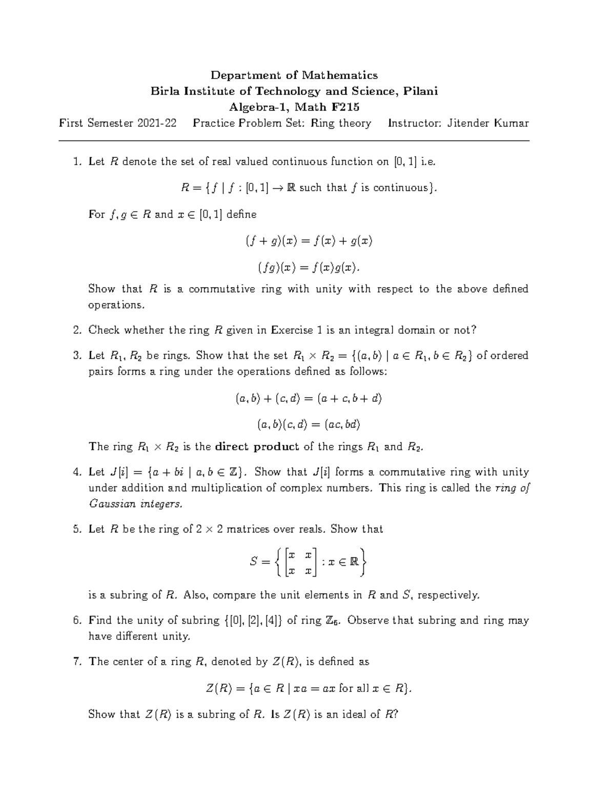 PPS Ring Theory - question bank - Department of Mathematics Birla ...
